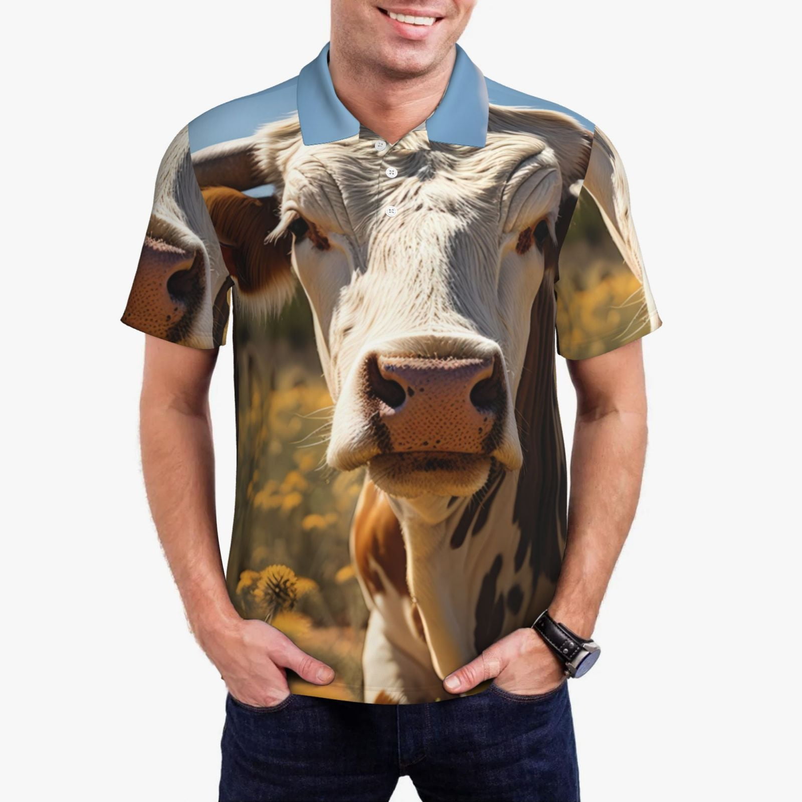 Susaid Countryside Flower Cow Print Men's Short Sleeve Polo Shirt, Golf ...