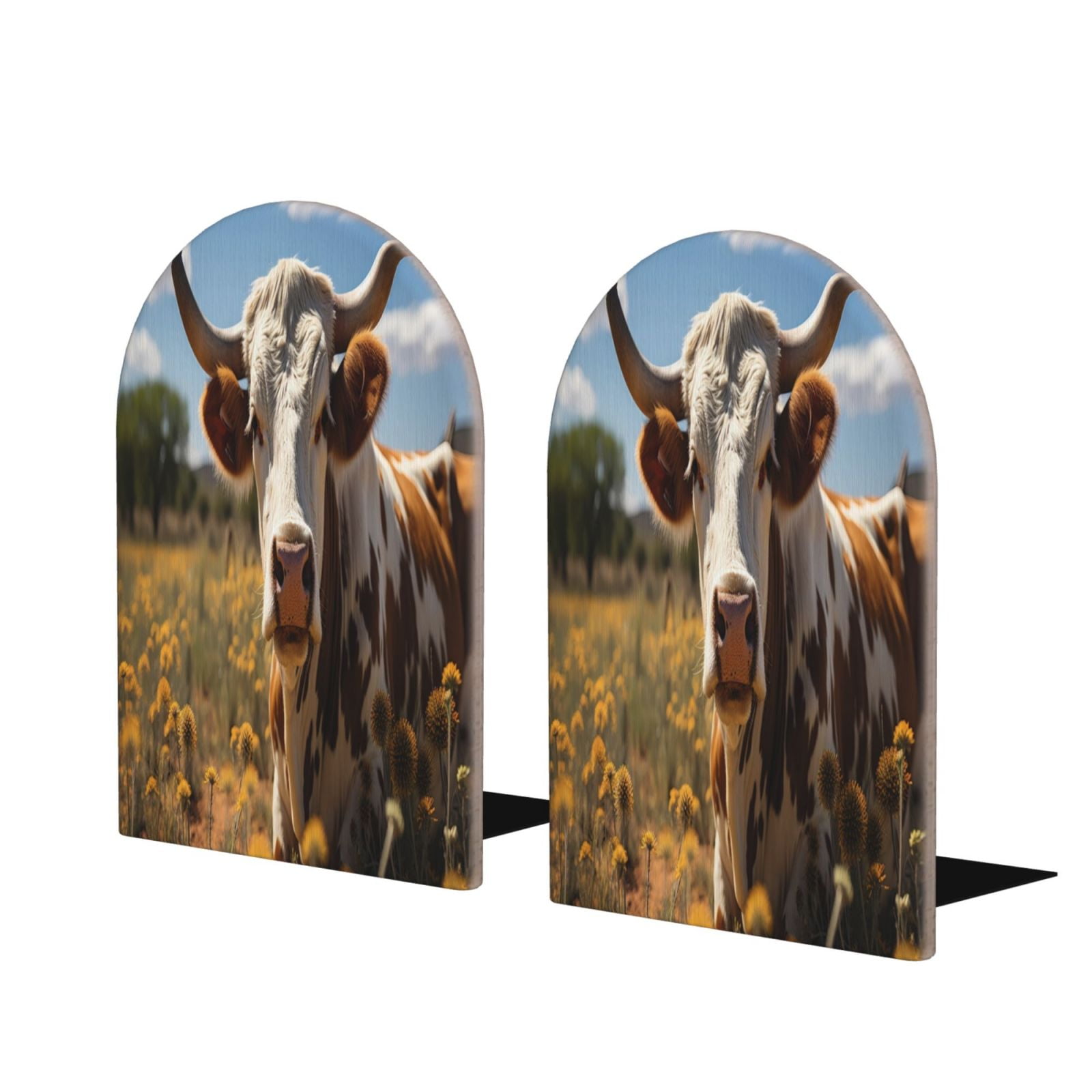 Susaid Countryside Flower Cow Print Wooden Bookends Decorative Book ...