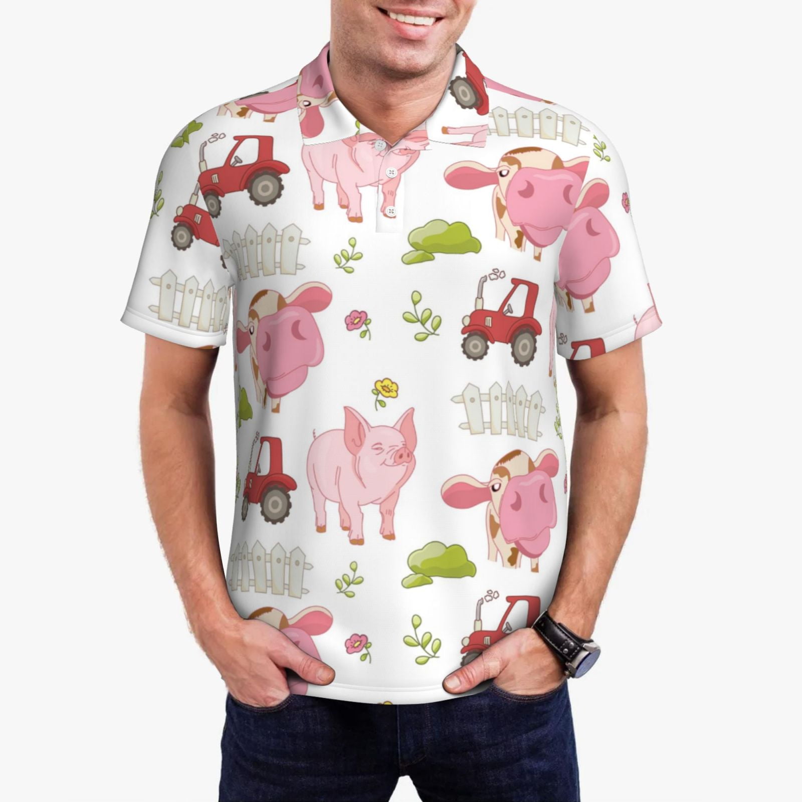 Susaid Cow And Pig Print Men's Short Sleeve Polo Shirt, Golf Shirts for ...