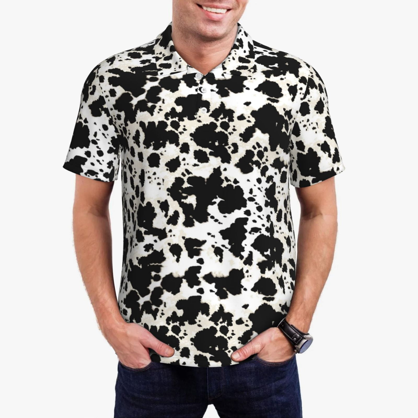 Susaid Cow Skin 1 Print Men's Short Sleeve Polo Shirt, Golf Shirts for ...