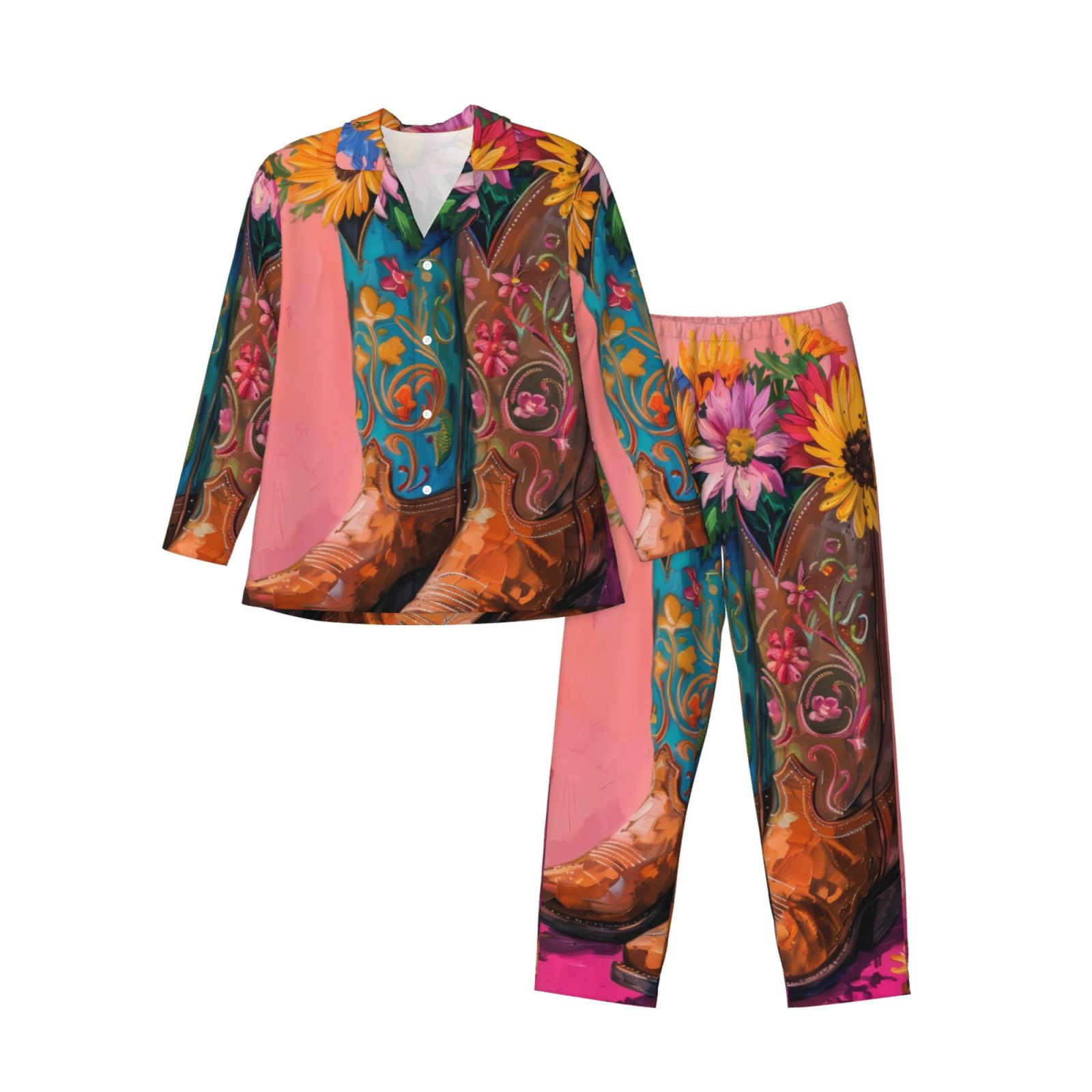Susaid Cowboy Boots With Flowers Print Men's Long Sleeve Pajama Set ...