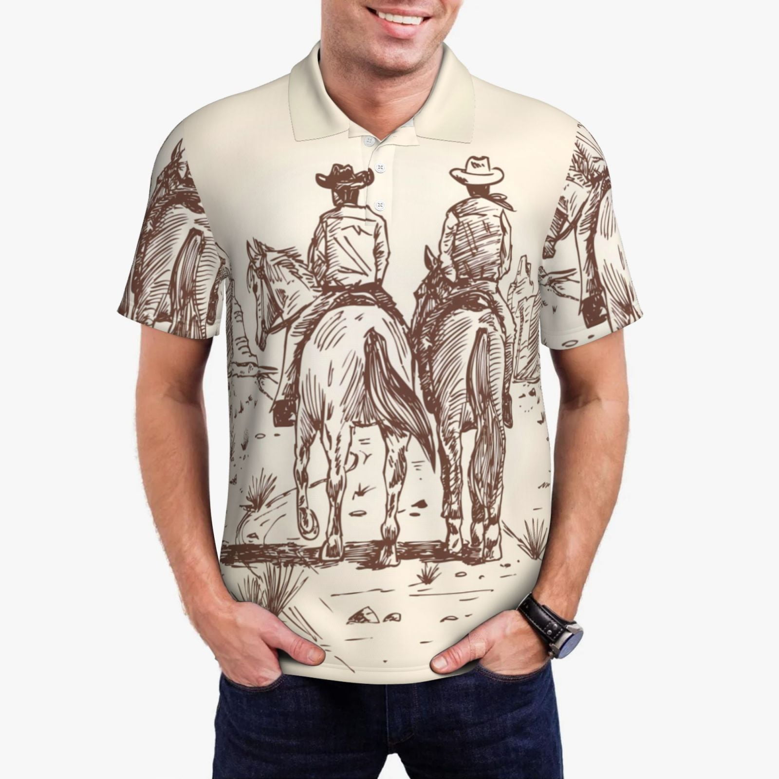 Susaid Cowboys Riding Horses Print Men's Short Sleeve Polo Shirt, Golf ...