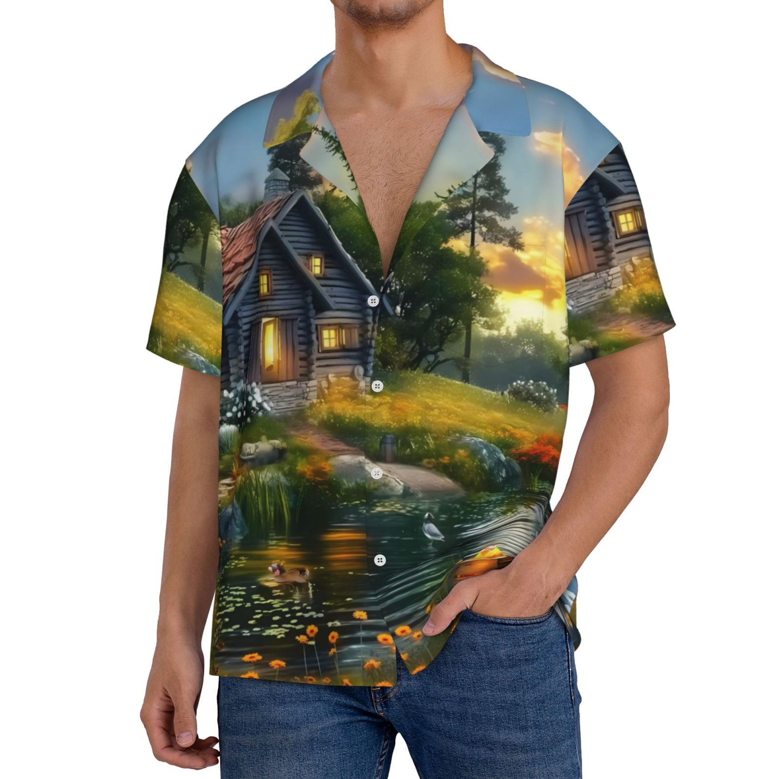 Susaid Cozy Cottage Lakeside Sunset Print Men's Polo Shirts Button Down ...
