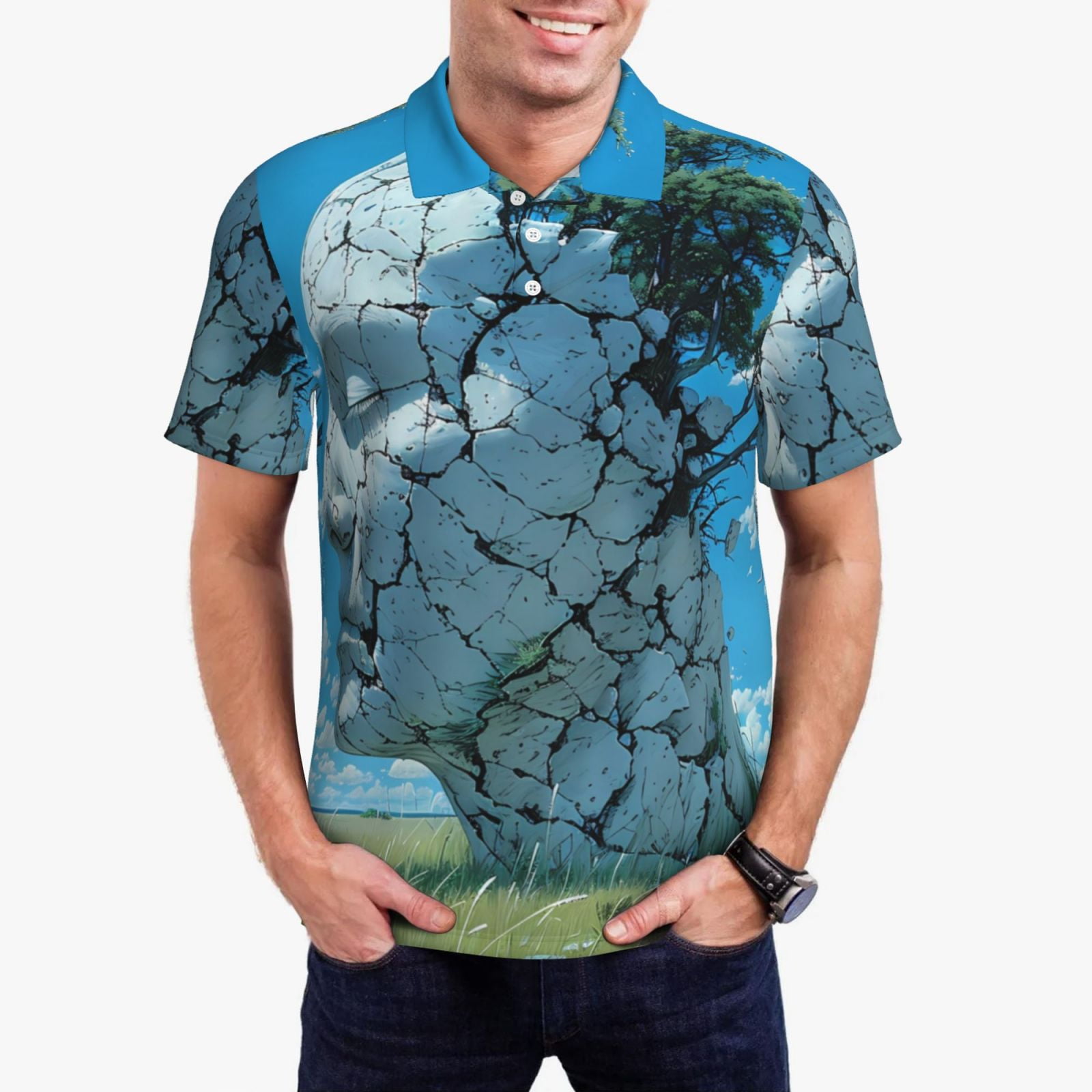 Susaid Cracked Earth Head Tree Print Men's Short Sleeve Polo Shirt ...