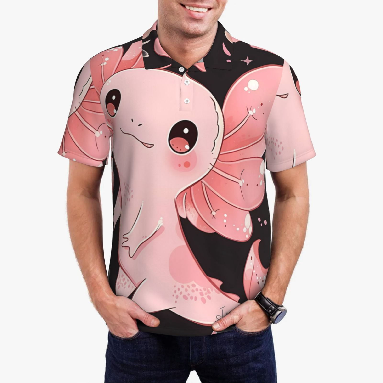Susaid Cute Axolotl Sakura Blossoms A Print Men's Short Sleeve Polo ...