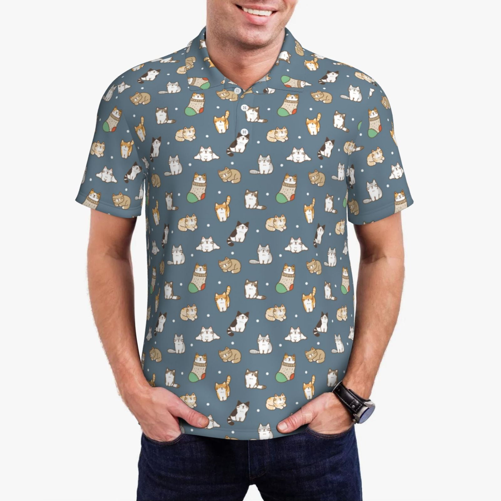 Susaid Cute Cats And Dogs Print Men's Short Sleeve Polo Shirt, Golf ...