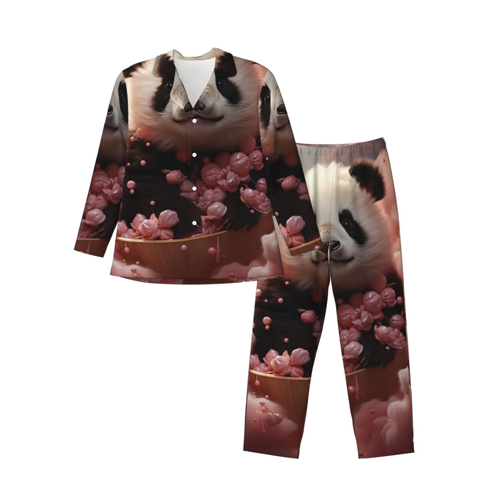 Susaid Cute Cloud Panda Print Men's Long Sleeve Pajama Set, Two-Piece ...