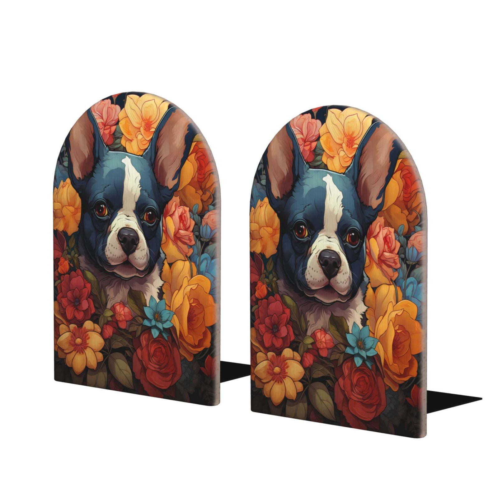 Susaid Cute Colorful Flower French Bulldog Print Wooden Bookends ...