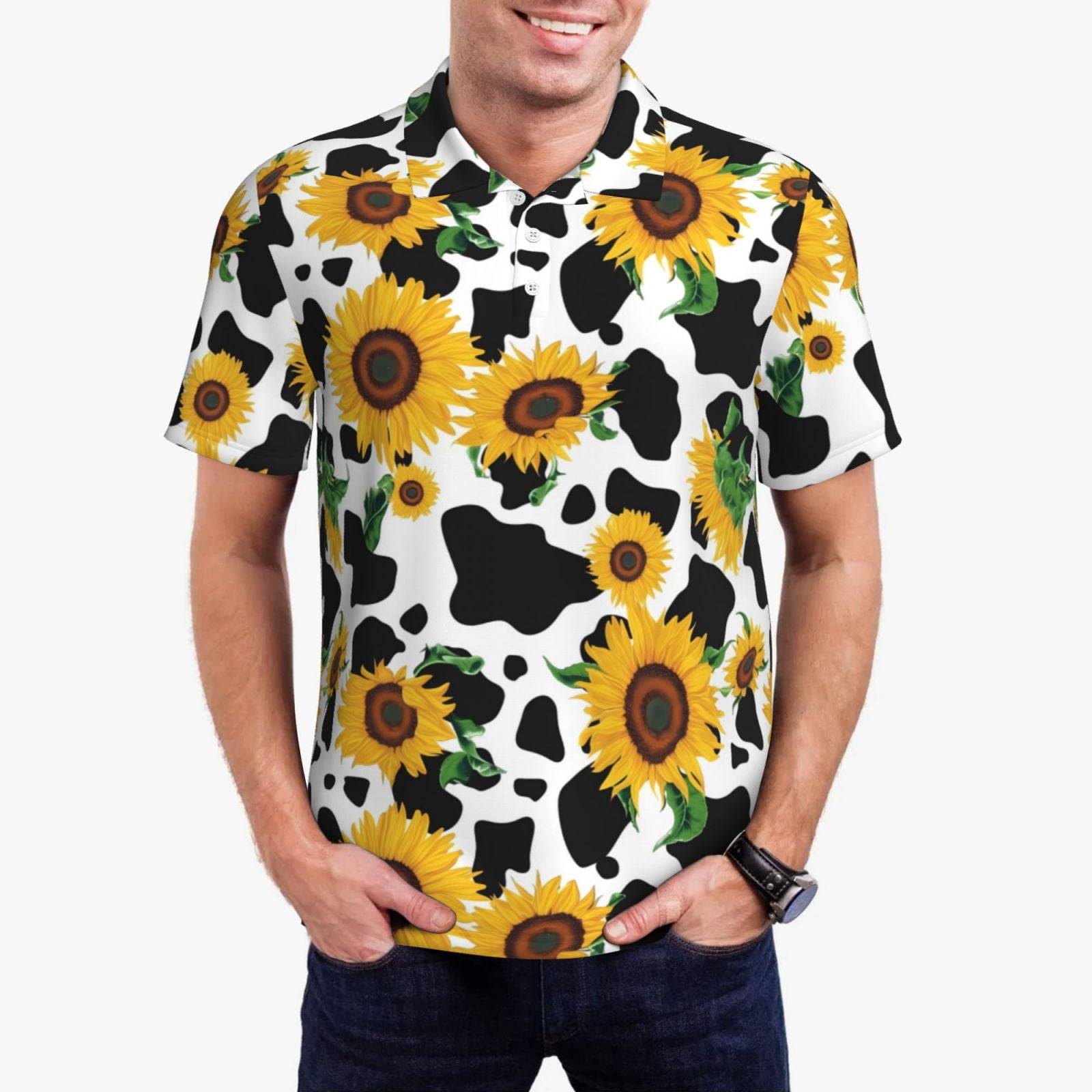 Susaid Cute Cow Print Sunflower D Print Men's Short Sleeve Polo Shirt ...