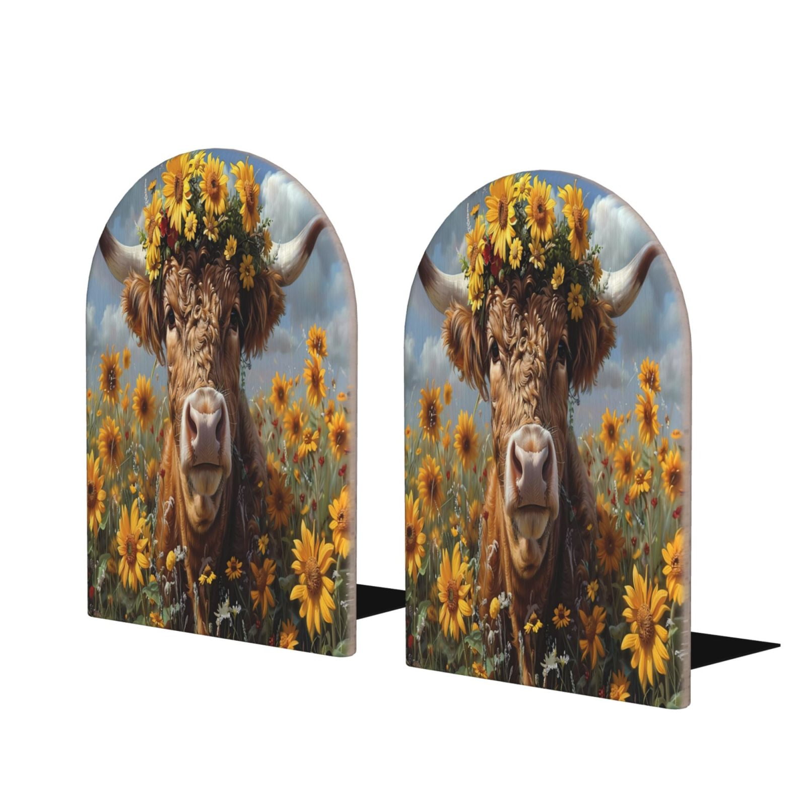 Susaid Cute Cow Sunflower Crown A Print Wooden Bookends Decorative Book ...