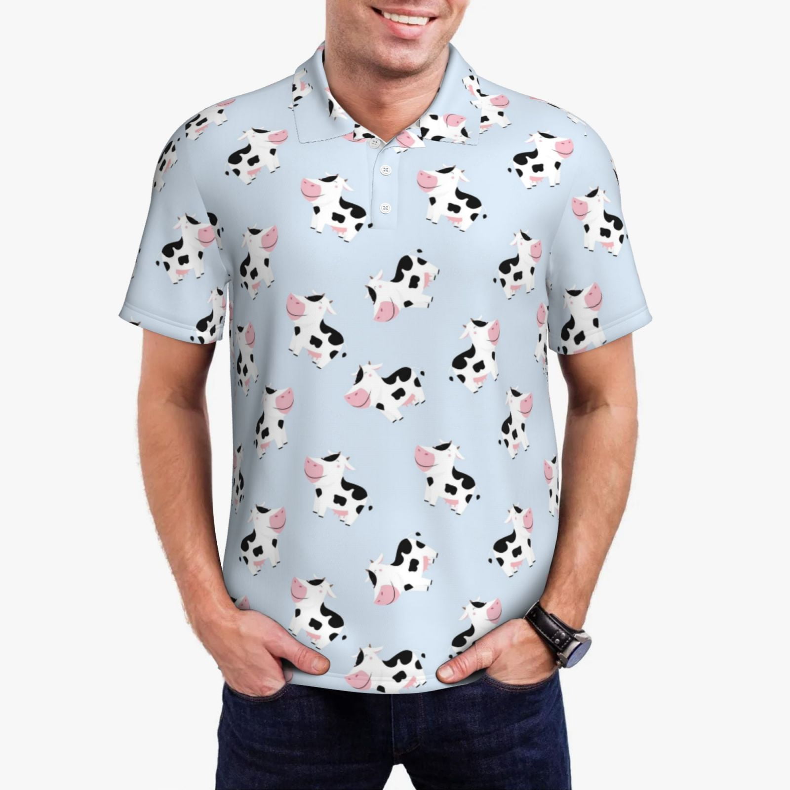 Susaid Cute Farm Cow Print Men's Short Sleeve Polo Shirt, Golf Shirts ...