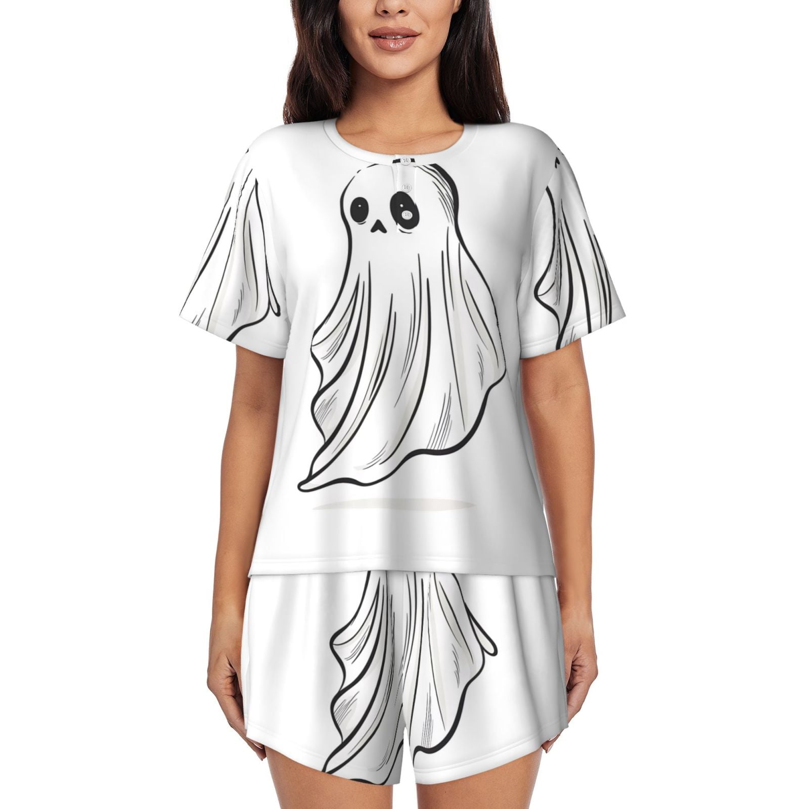 Susaid Cute Ghost Simple Drawing Print Women's Pajama Set, Button-Up ...