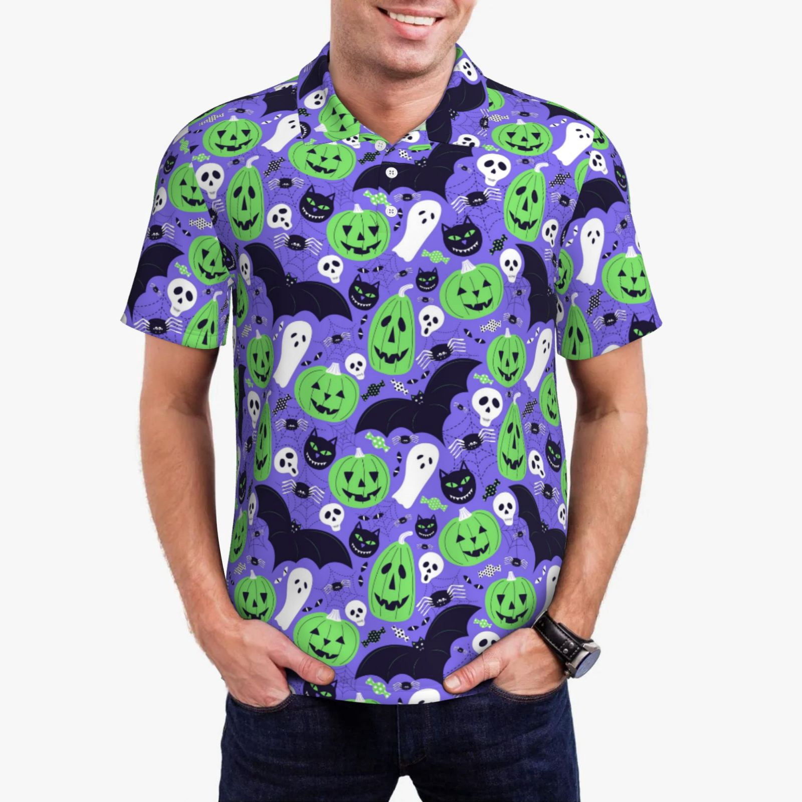 Susaid Cute Halloween Print Men's Short Sleeve Polo Shirt, Golf Shirts ...