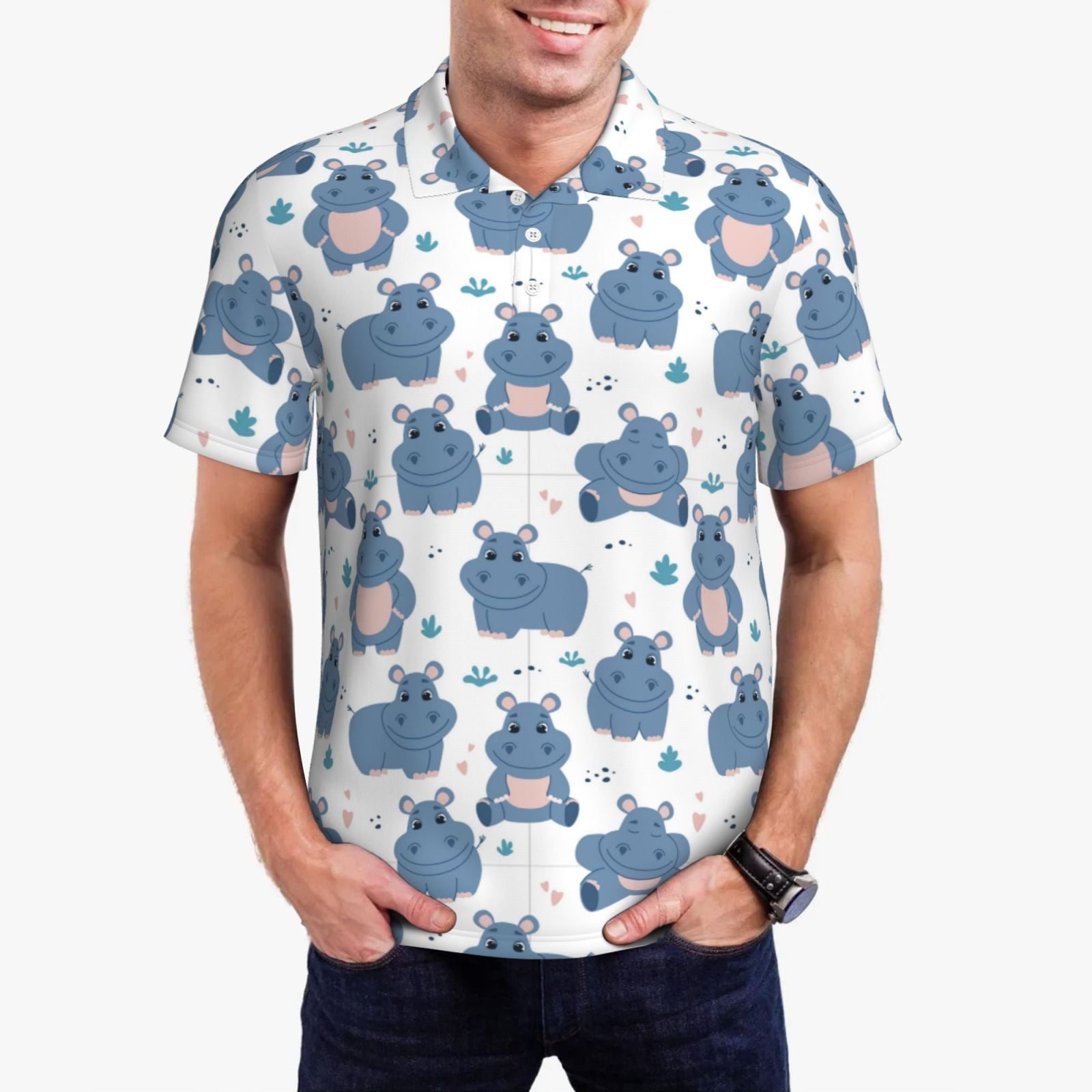 Susaid Cute Hippos Print Men's Short Sleeve Polo Shirt, Golf Shirts for ...