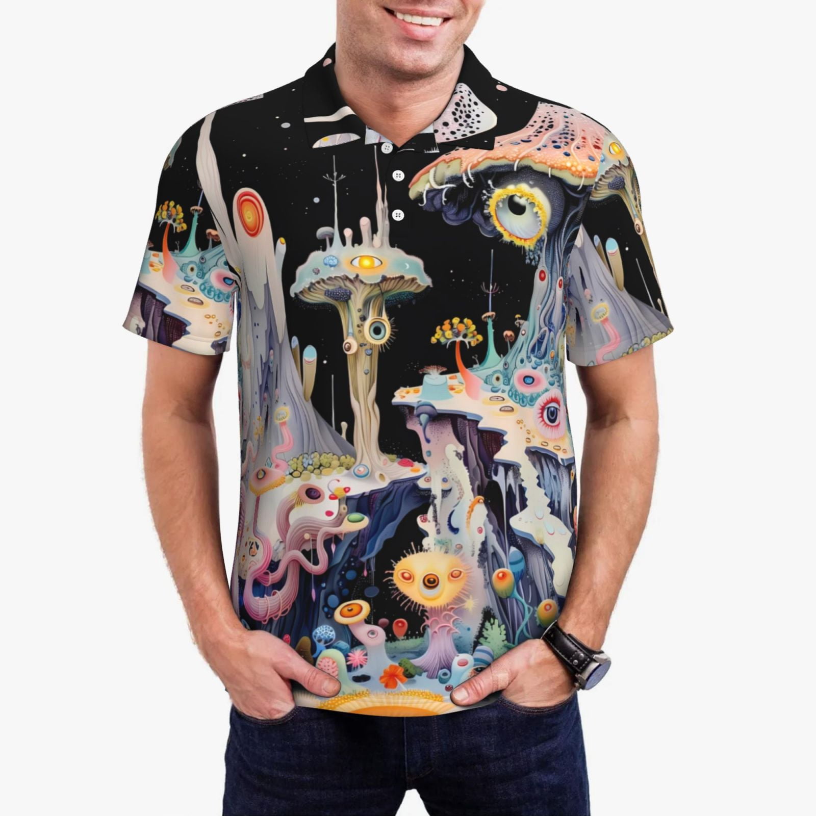 Susaid Cute Mushroom Landscape Print Men's Short Sleeve Polo Shirt ...