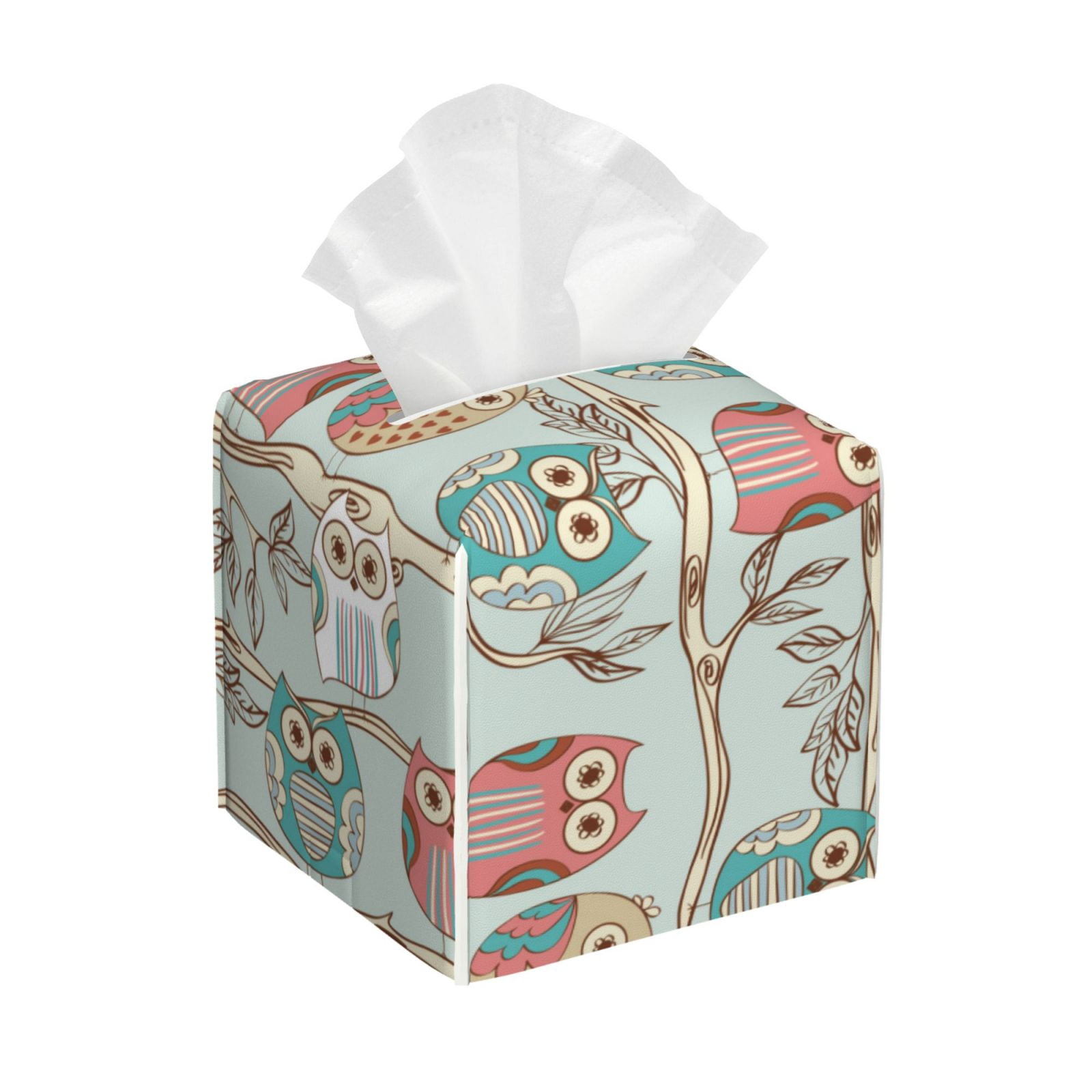 Susaid Cute Owl Print PU Leather Tissue Box Cover, Square Decorative ...