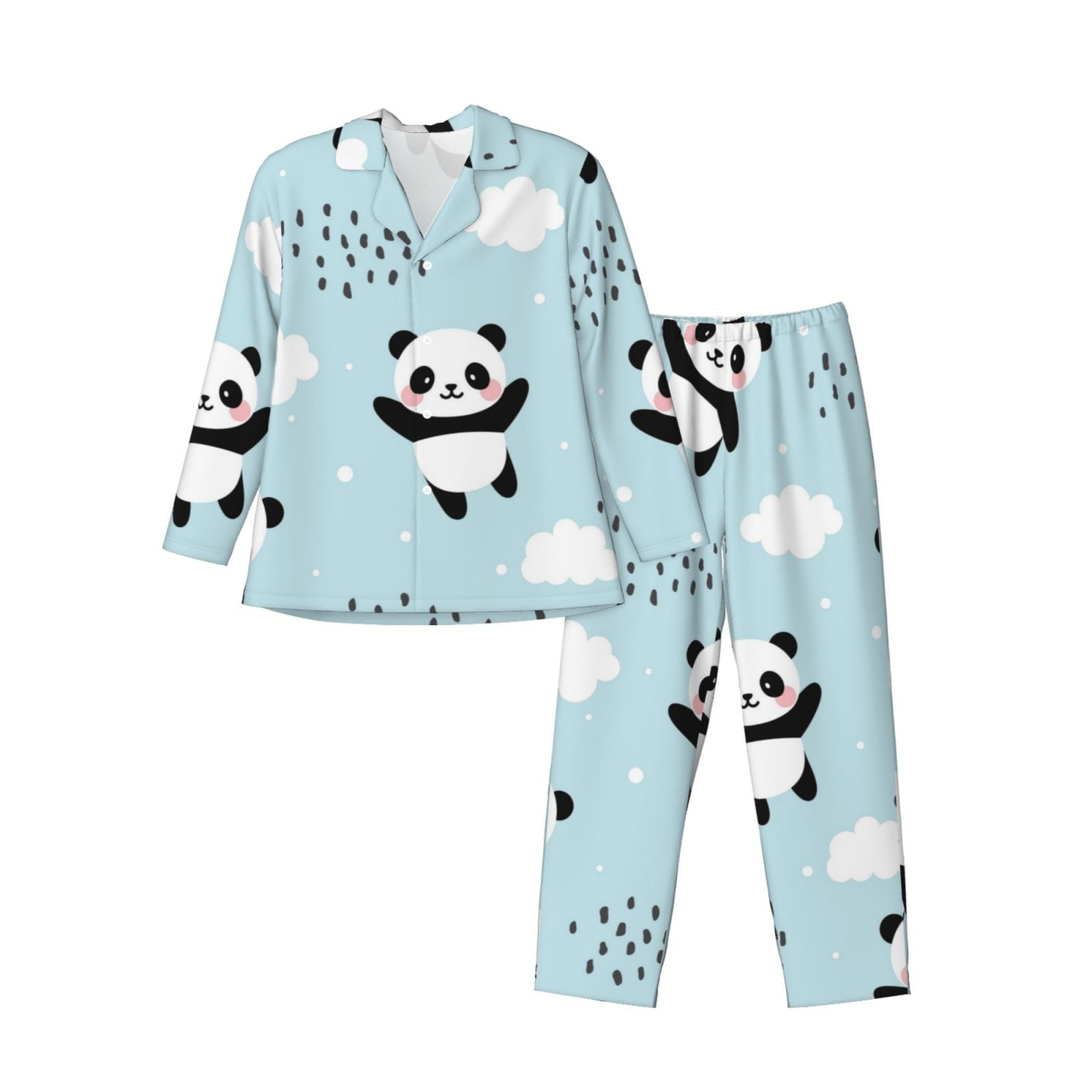 Susaid Cute Panda Bear Print Men's Long Sleeve Pajama Set, Two-Piece ...