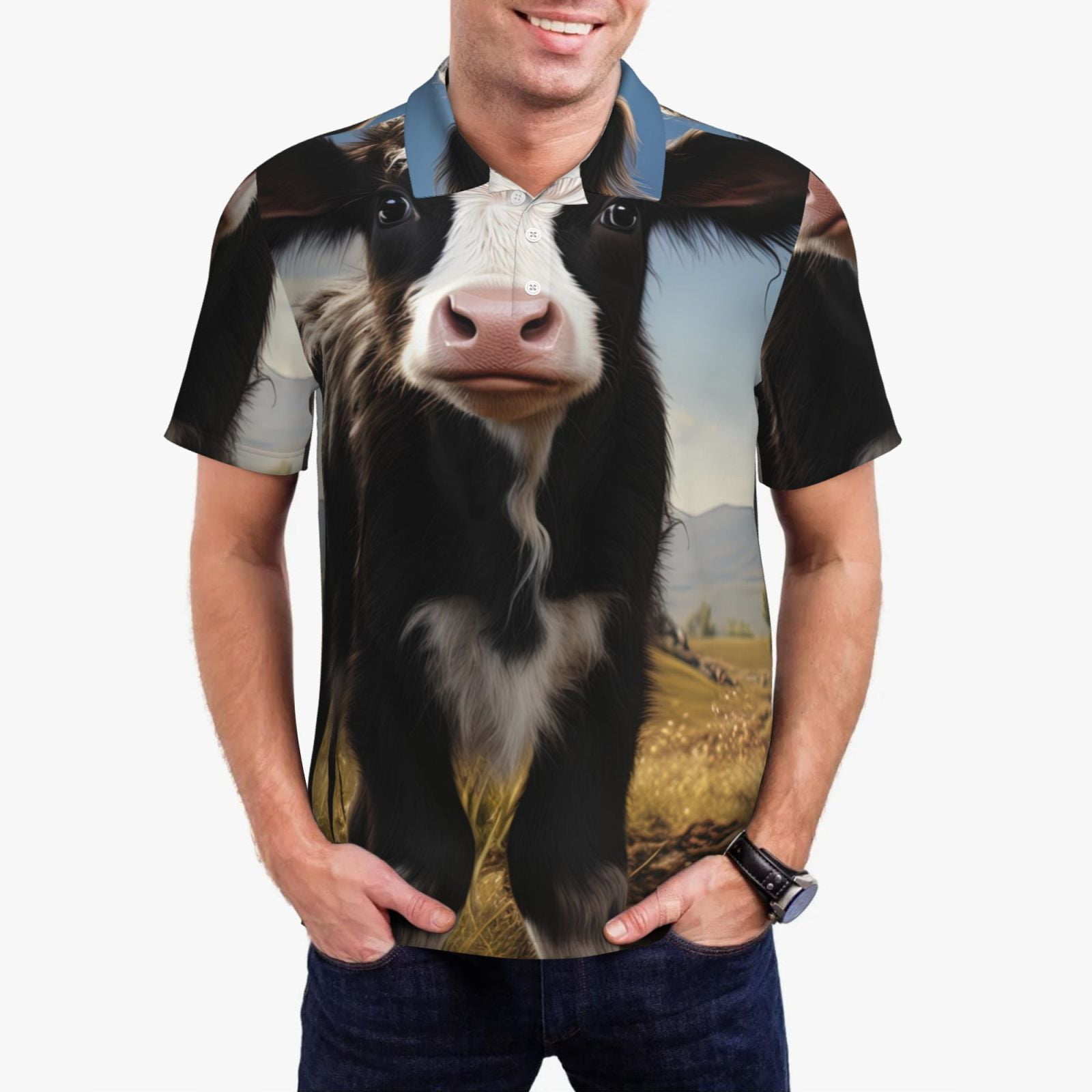 Susaid Cute Prairie Cow Print Men's Short Sleeve Polo Shirt, Golf ...