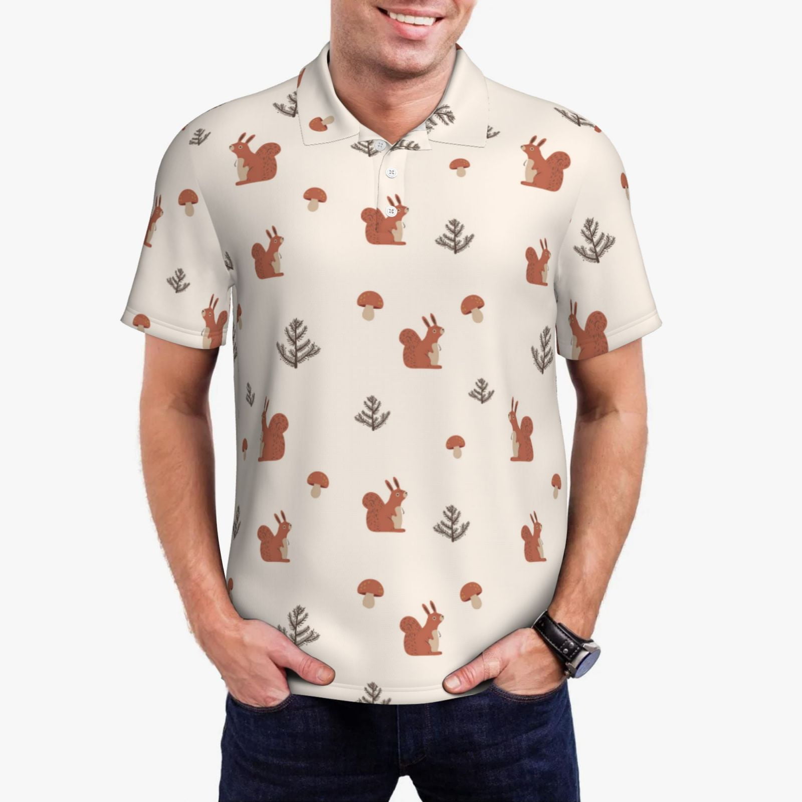 Susaid Cute Squirrel Print Men's Short Sleeve Polo Shirt, Golf Shirts ...