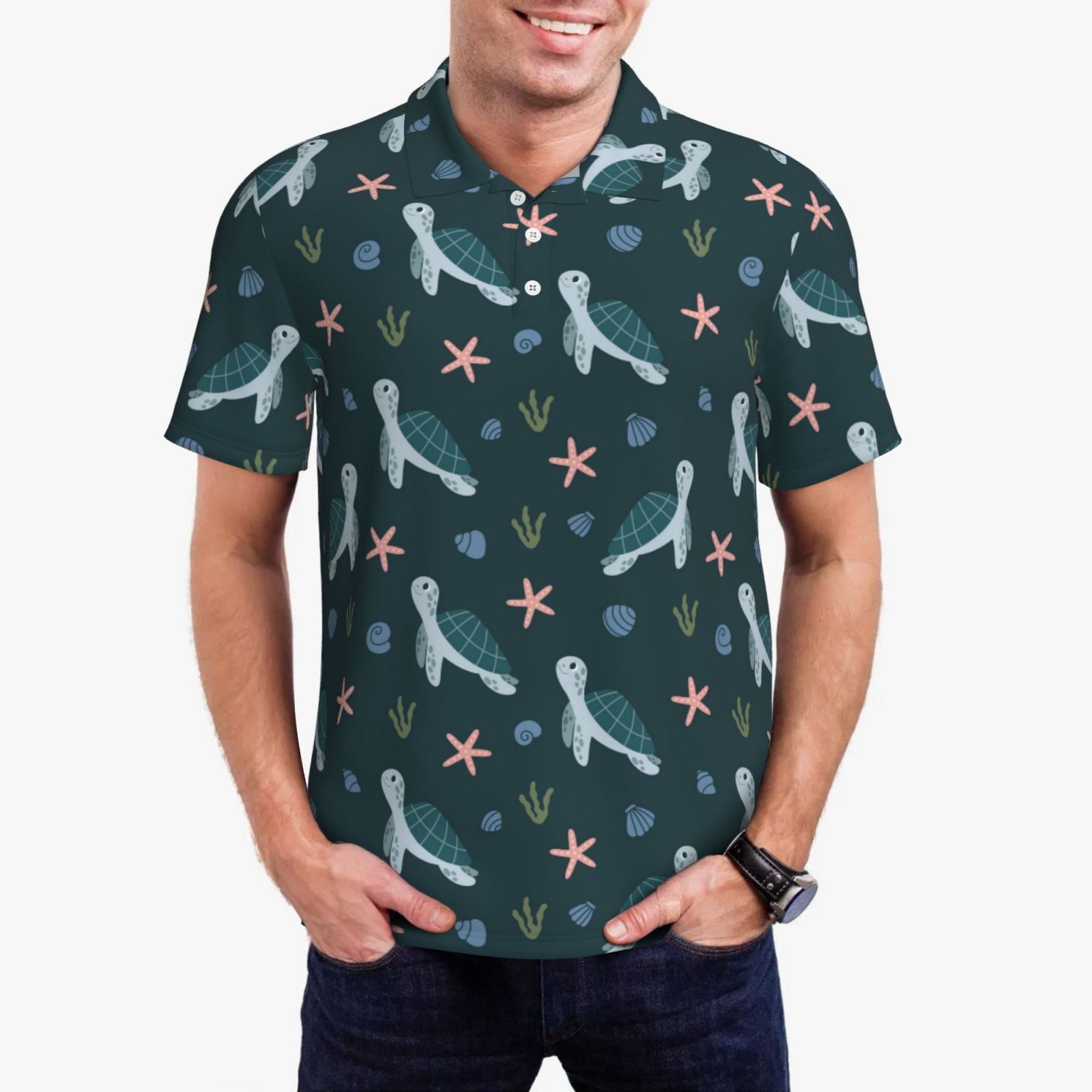 Susaid Cute Turtle Print Men's Short Sleeve Polo Shirt, Golf Shirts for ...