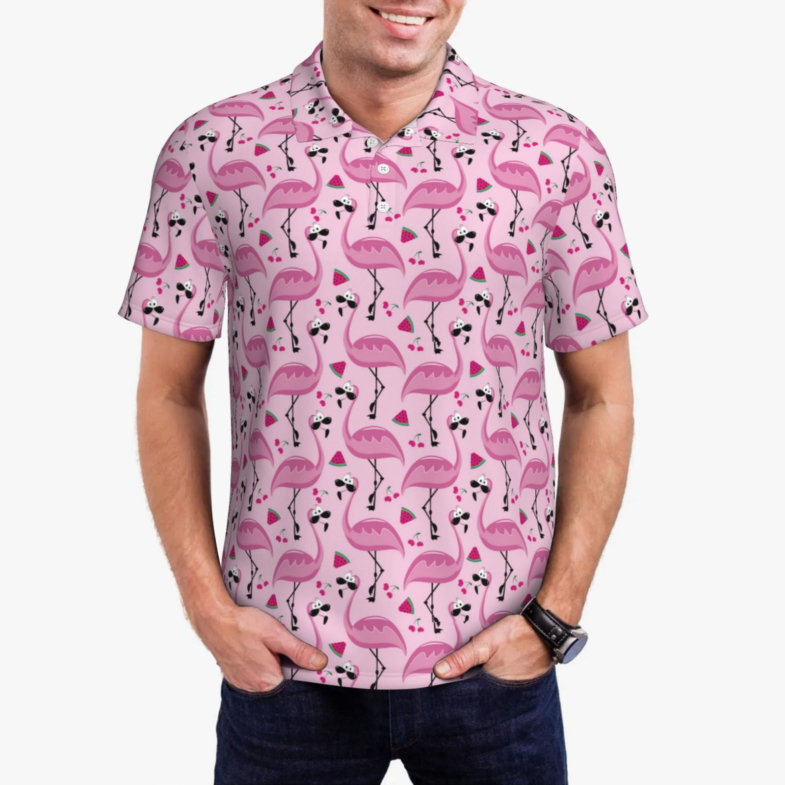 Susaid Cute Watermelon Flamingo Print Men's Short Sleeve Polo Shirt ...