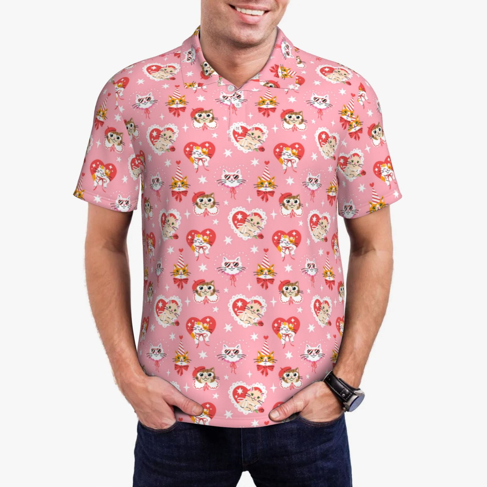 Susaid Cute cartoon cats Print Men's Short Sleeve Polo Shirt, Golf ...