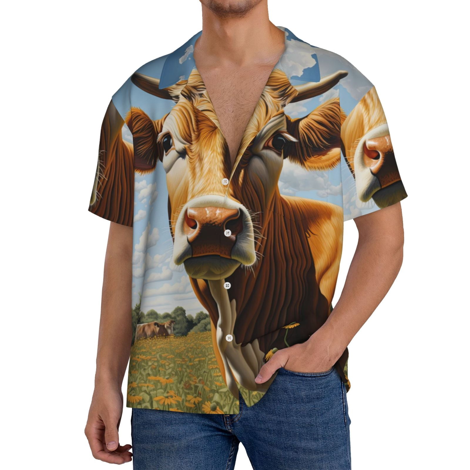 Susaid Daisy Flower Field Cow Print Men's Polo Shirts Button Down Short ...