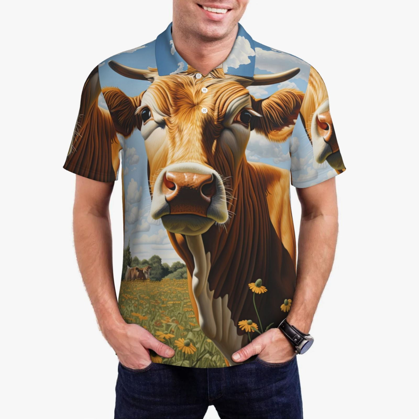 Susaid Daisy Flower Field Cow Print Men's Short Sleeve Polo Shirt, Golf ...
