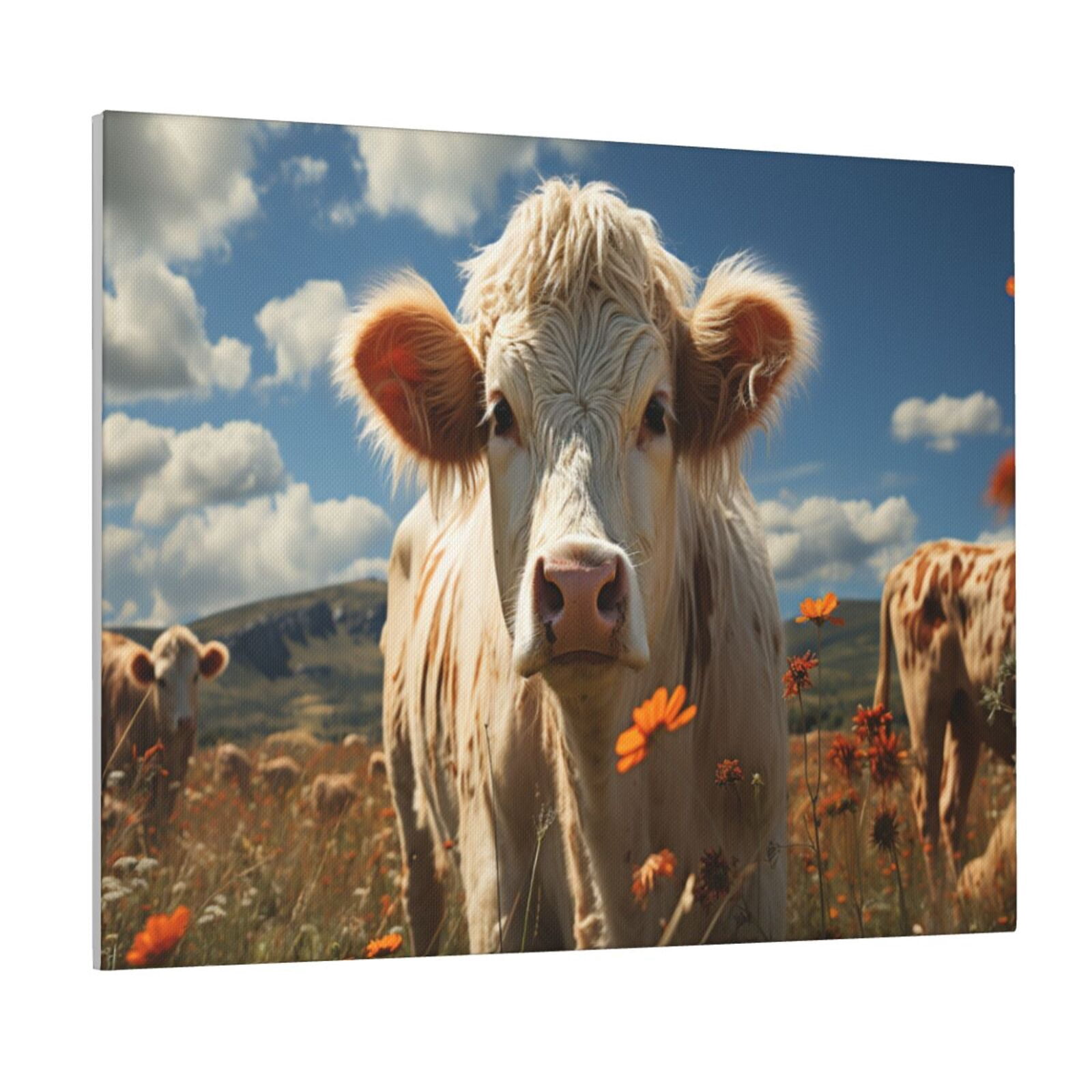 Susaid Daisy Meadow Cow Pattern Canvas Wall Decor Poster Framed Artwork ...