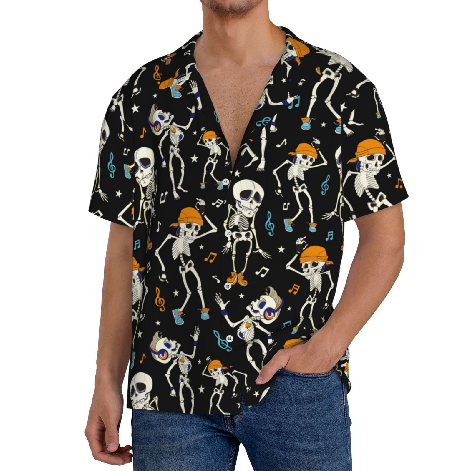 Susaid Dancing Skeleton Party Print Men's Polo Shirts Button Down Short ...
