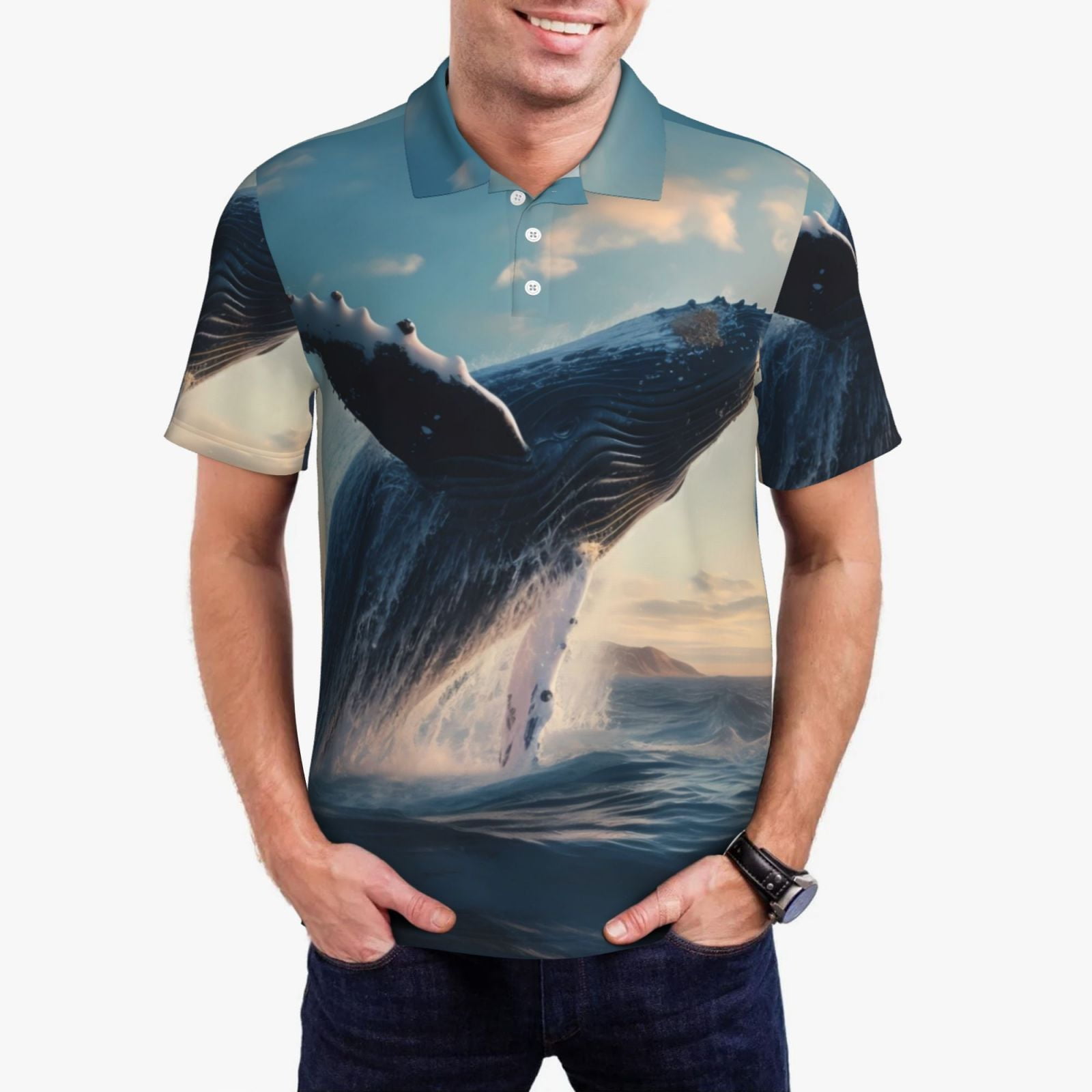 Susaid Dancing Whale Print Men's Short Sleeve Polo Shirt, Golf Shirts ...