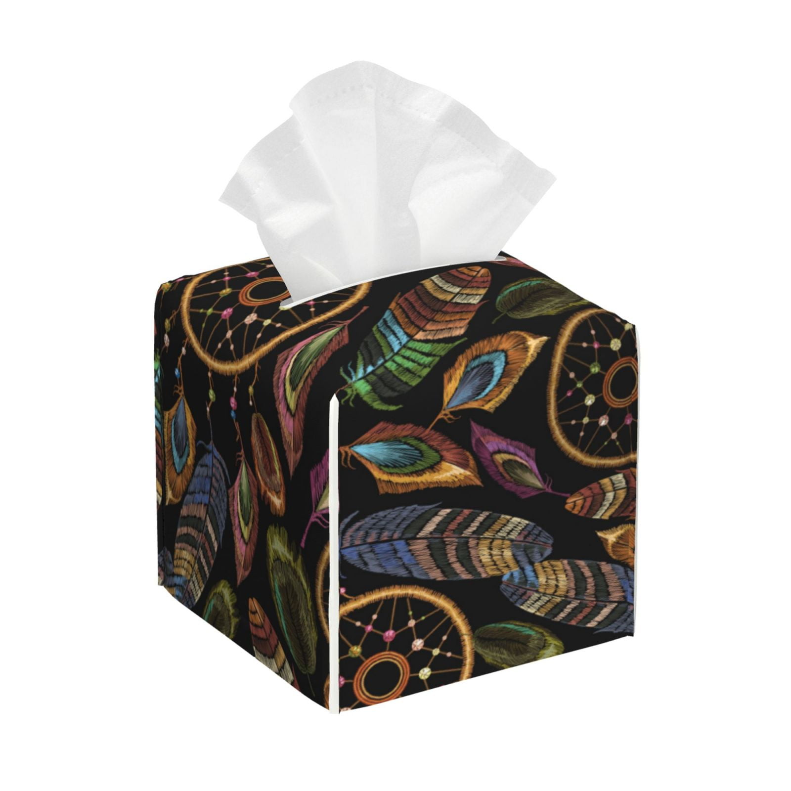 Susaid Decorative Feathers Print PU Leather Tissue Box Cover, Square ...
