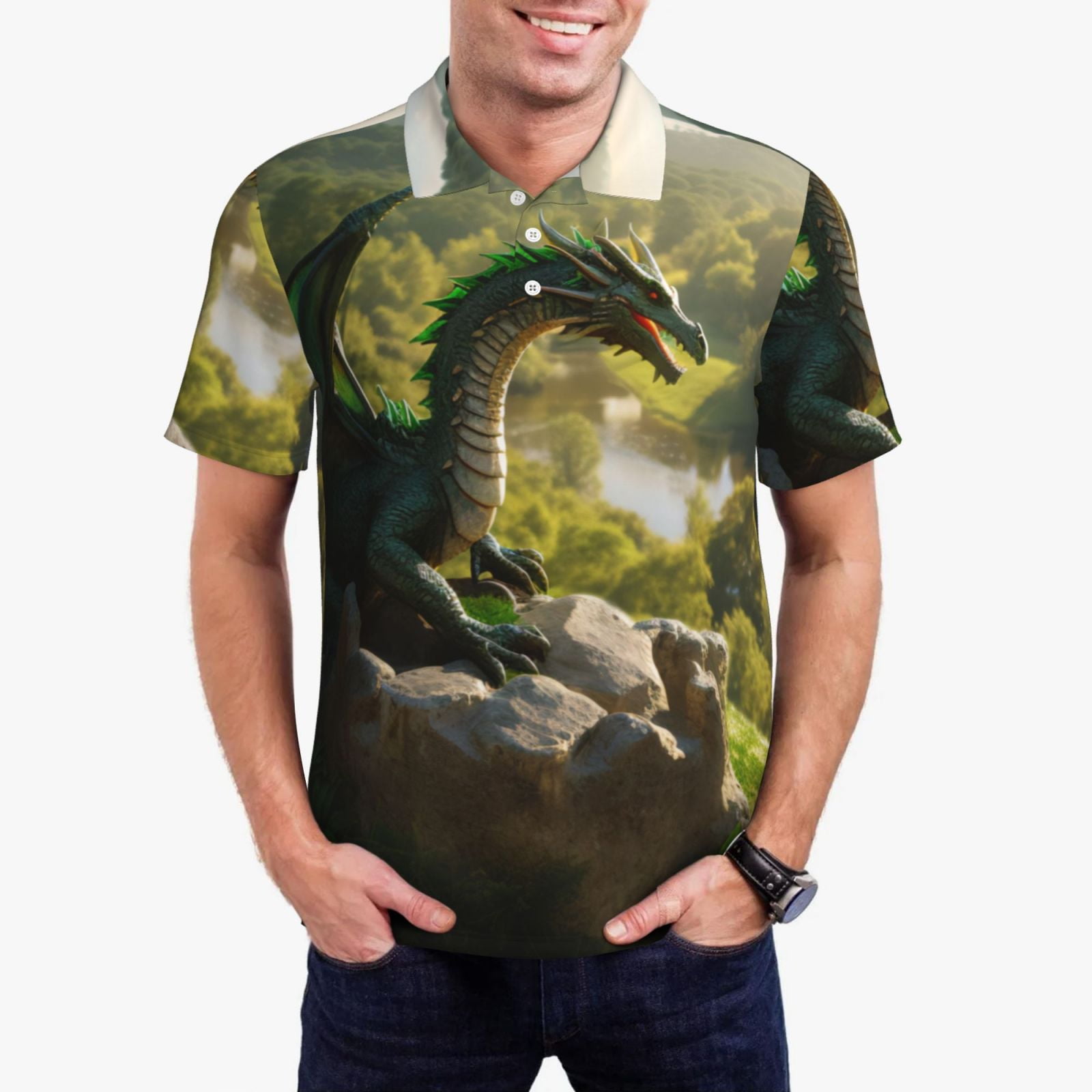 Susaid Deep Forest Stone Green Dragon Print Men's Short Sleeve Polo ...