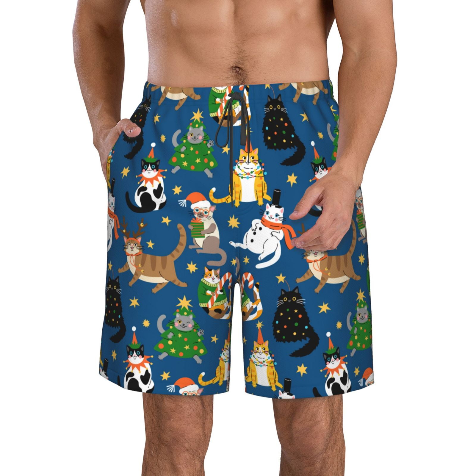 Susaid Different Cats Christmas Print Men's Swim Trunks Hawaiian ...