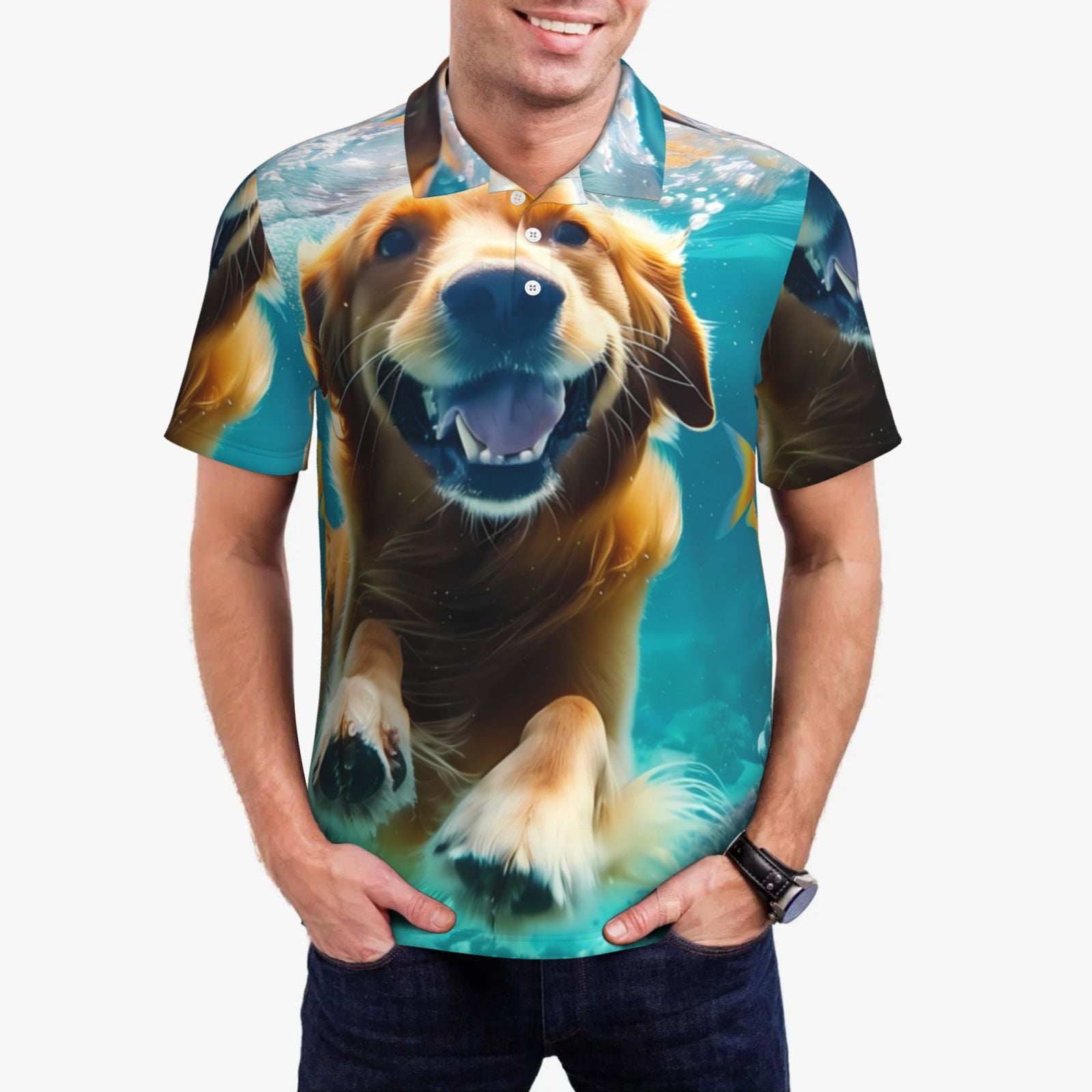 Susaid Dog Underwater Adventure Print Men's Short Sleeve Polo Shirt ...
