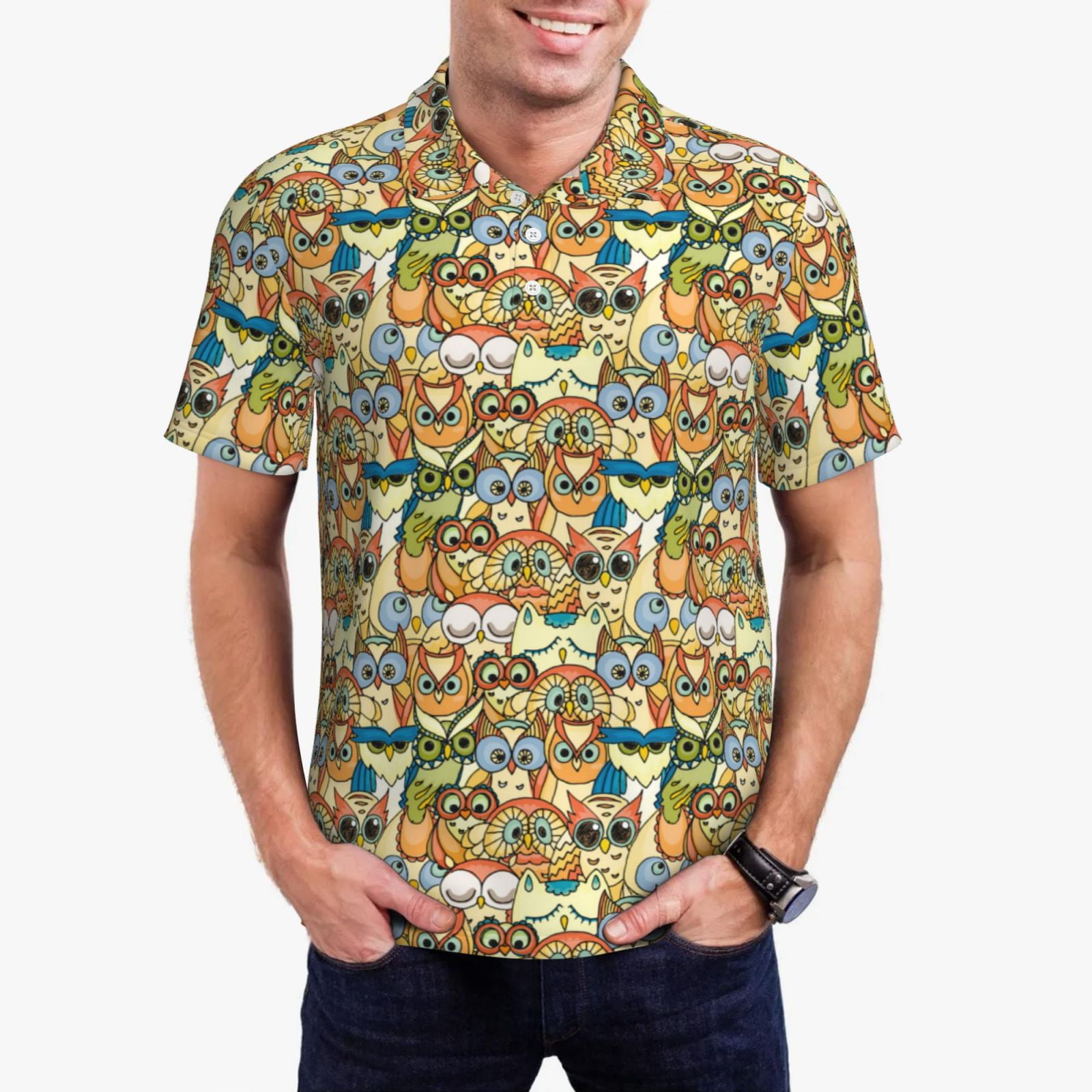 Susaid Doodle Owls Print Men's Short Sleeve Polo Shirt, Golf Shirts for ...