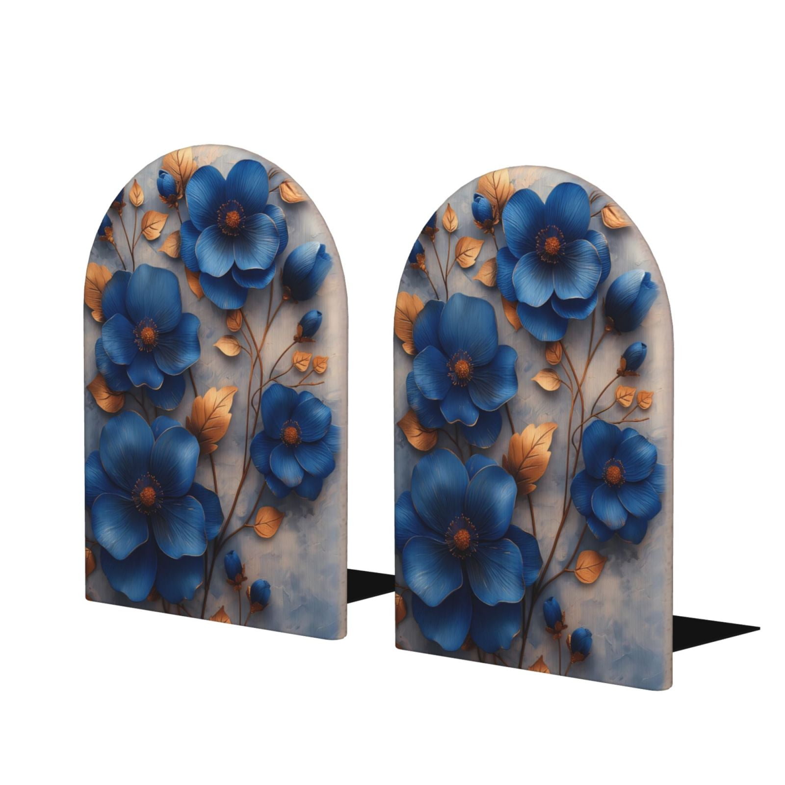 Susaid Elegant Blue Gold Blooms Print Wooden Bookends Decorative Book ...
