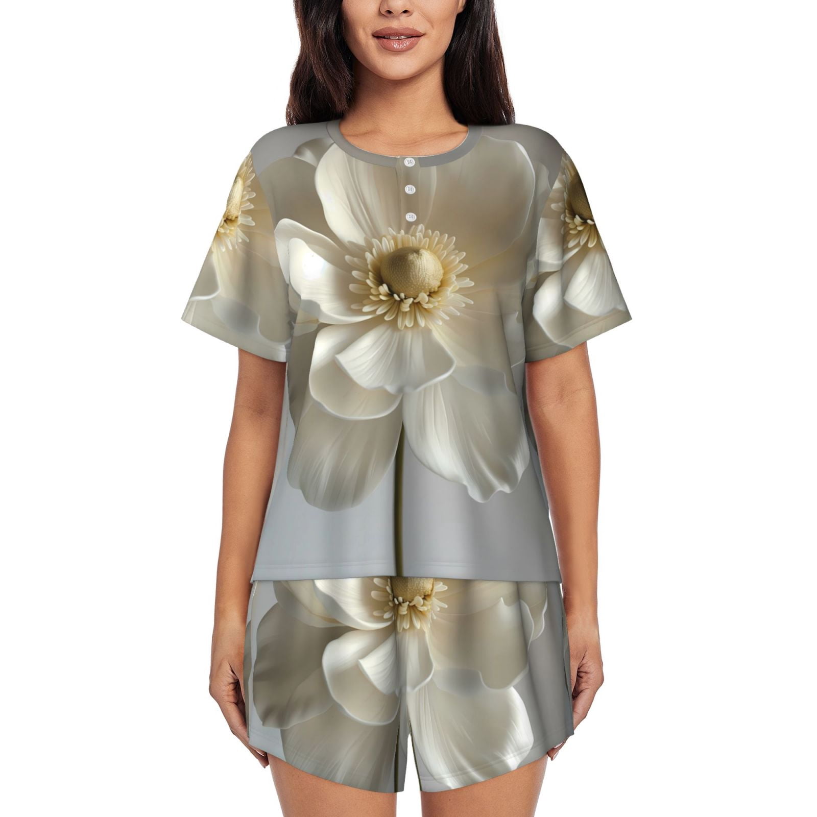 Susaid Elegant Ivory Flower Print Women's Pajama Set, Button-Up ...