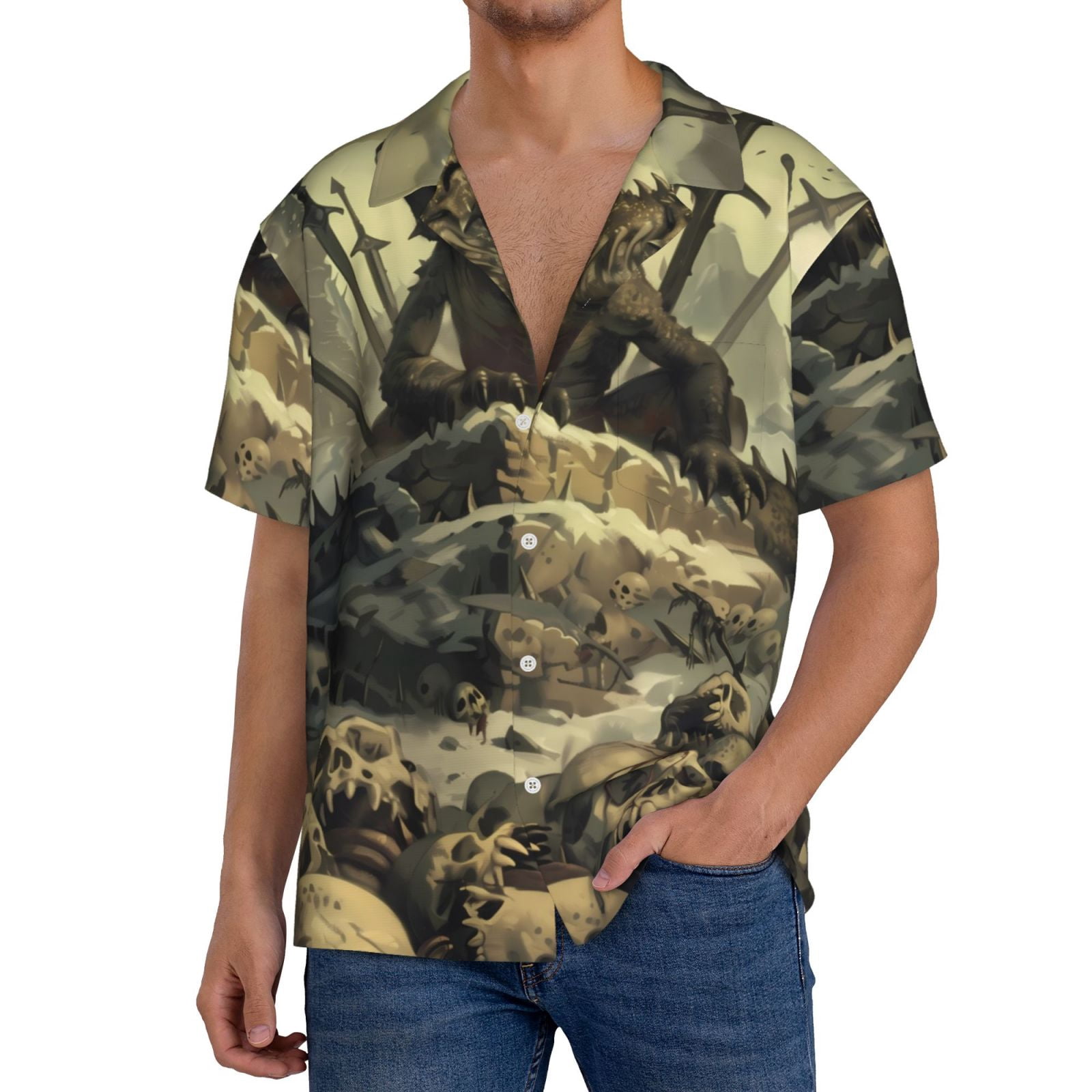 Susaid Epic Dragon Skull Scene Print Men's Polo Shirts Button Down ...