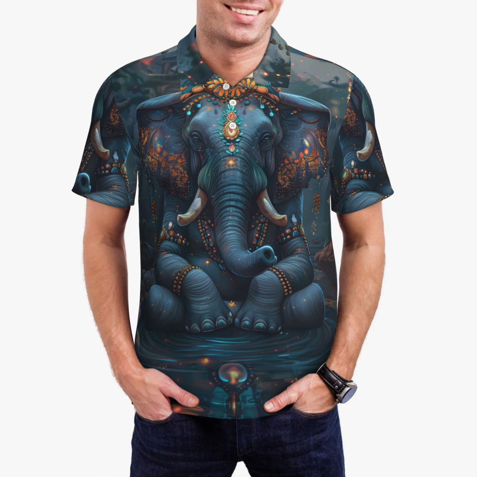 Susaid Exotic Elephant Print Men's Short Sleeve Polo Shirt, Golf Shirts ...