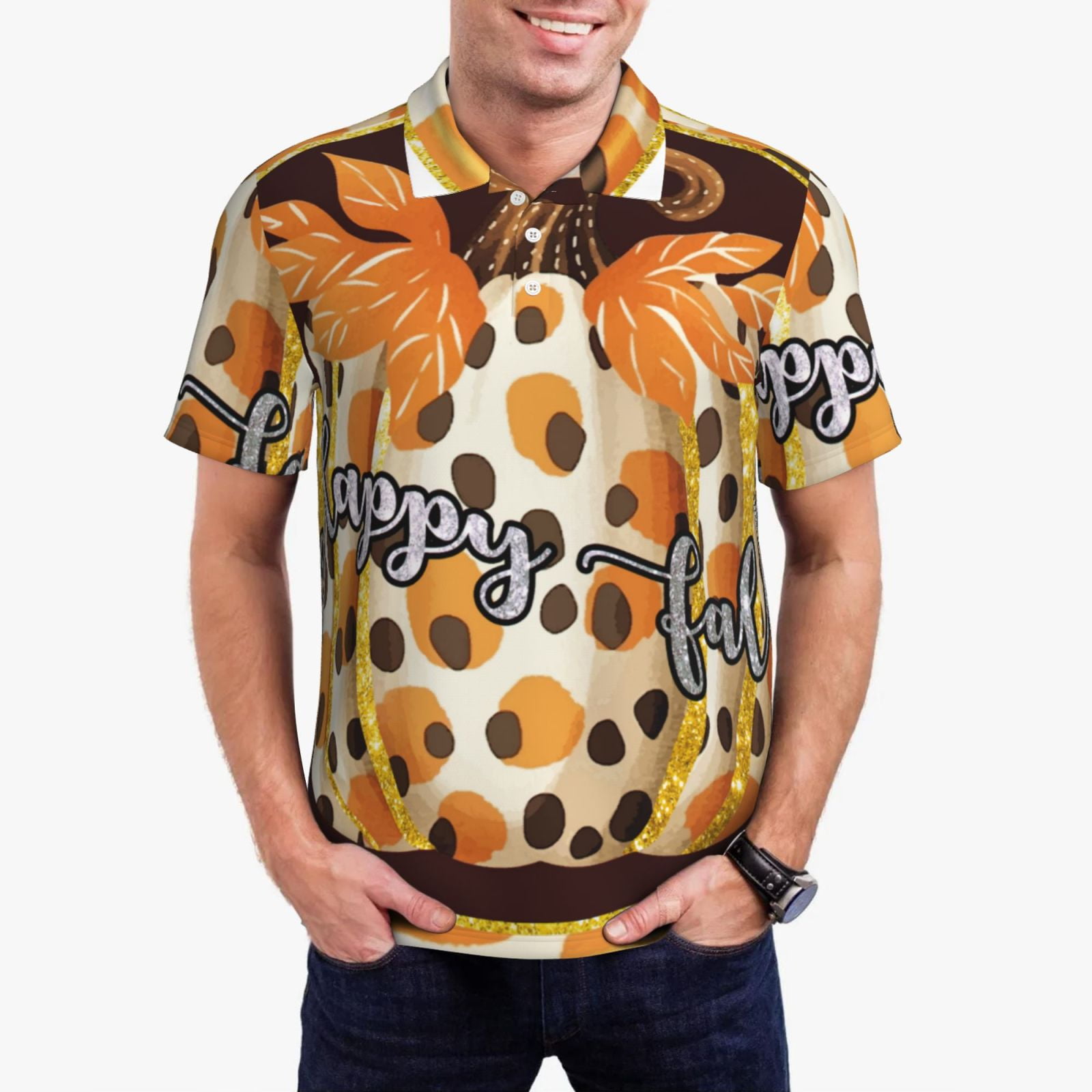 Susaid Fall Farmhouse Pumpkins Print Men's Short Sleeve Polo Shirt ...
