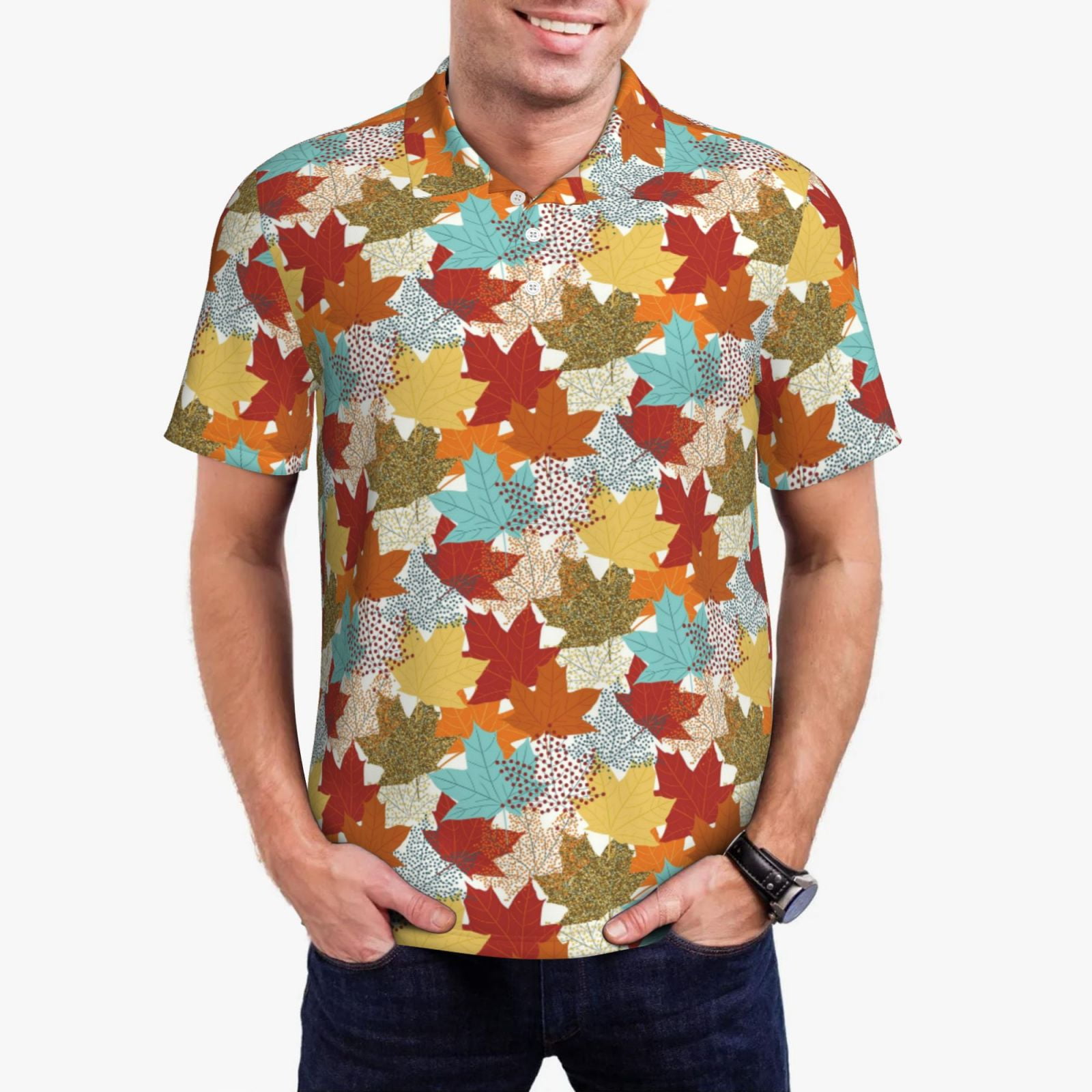 Susaid Fall Maple Leaves Print Men's Short Sleeve Polo Shirt, Golf ...
