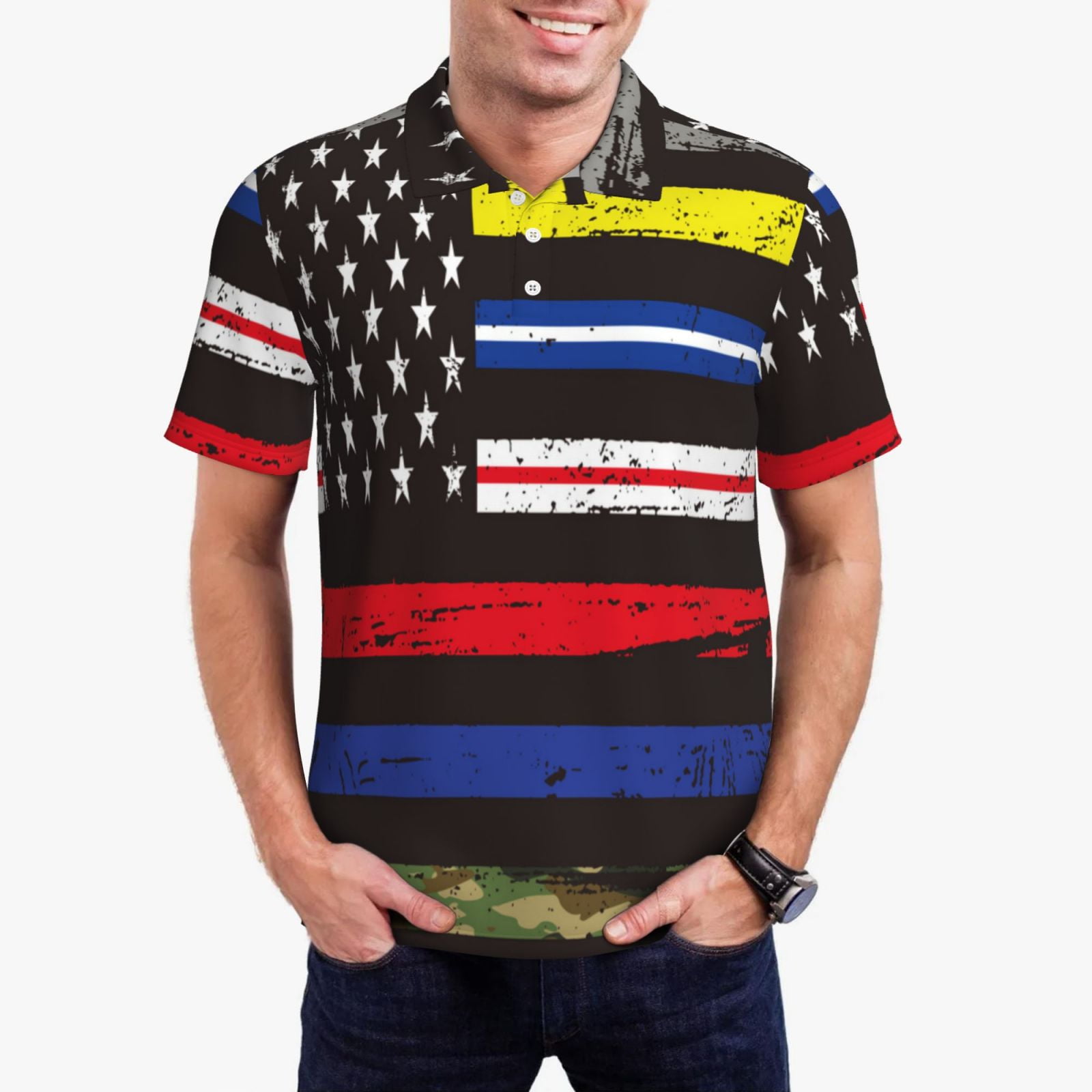 Susaid First Responder American Flag Print Men's Short Sleeve Polo ...
