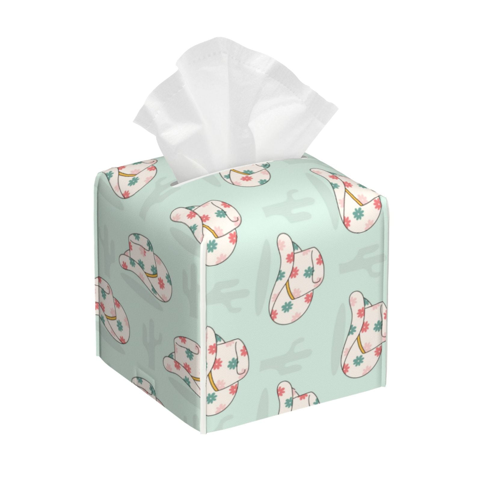 Susaid Flora Daisy Cactus Print PU Leather Tissue Box Cover, Square ...