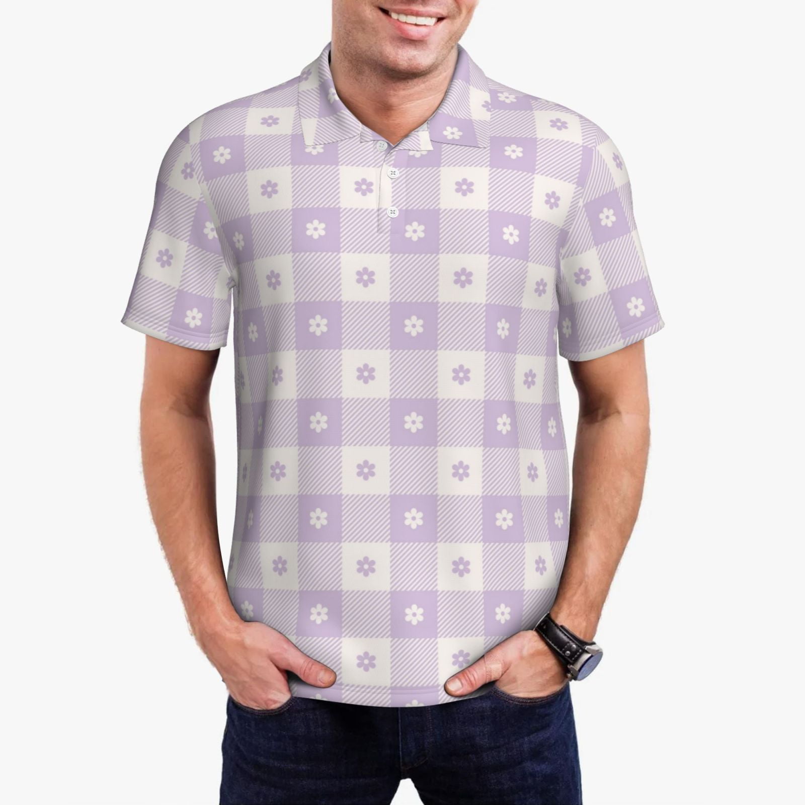 Susaid Floral Purple Buffalo Plaid Print Men's Short Sleeve Polo Shirt ...