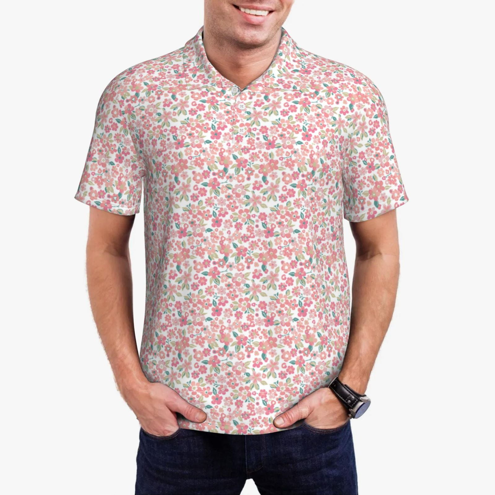 Susaid Floral Retro Style Print Men's Short Sleeve Polo Shirt, Golf ...