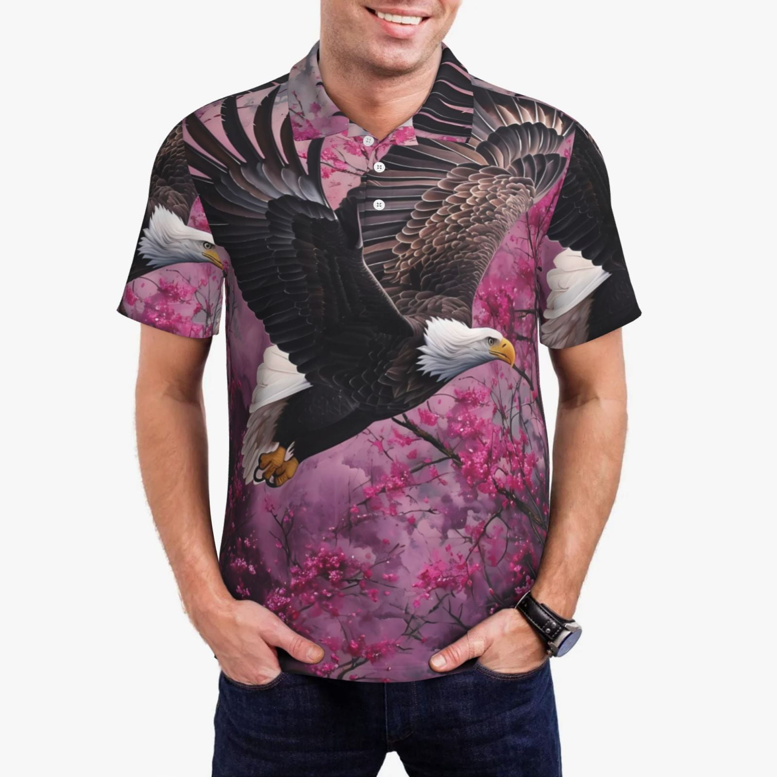 Susaid Flower Bald Eagle Print Men's Short Sleeve Polo Shirt, Golf ...
