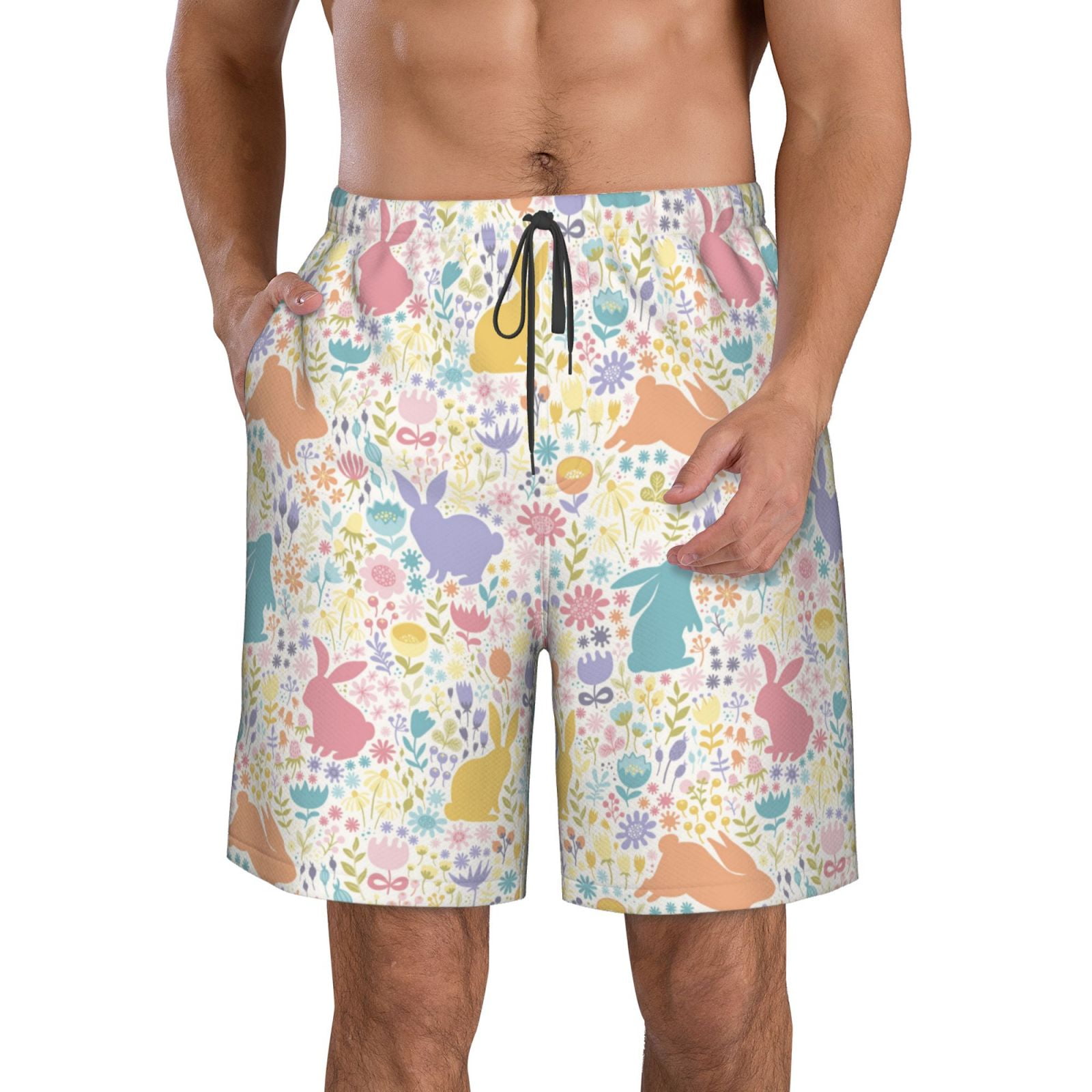 Susaid Flower Color Rabbit Print Men's Swim Trunks Hawaiian Bathing ...