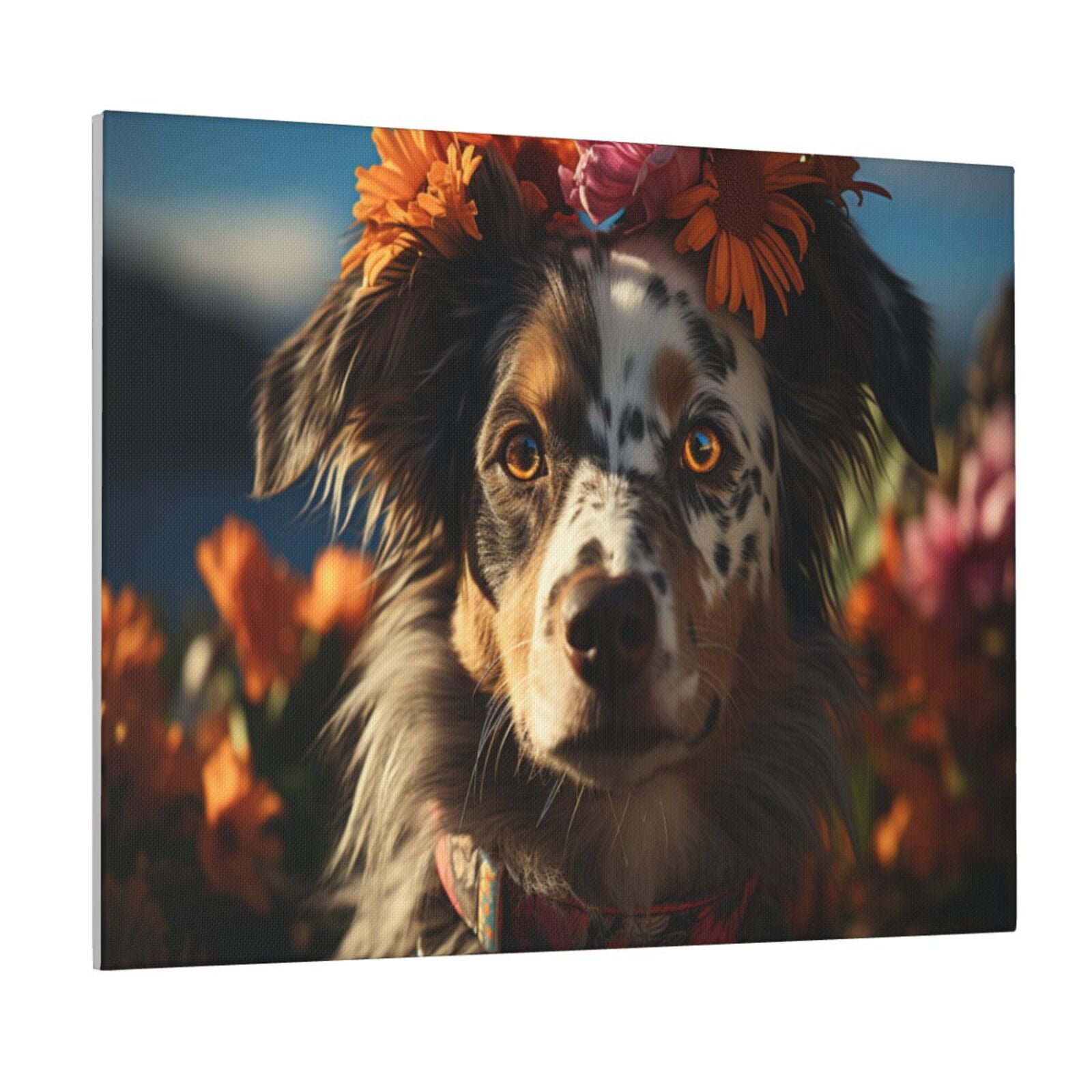 Susaid Flower Crown Dog Pattern Canvas Wall Decor Poster Framed Artwork ...