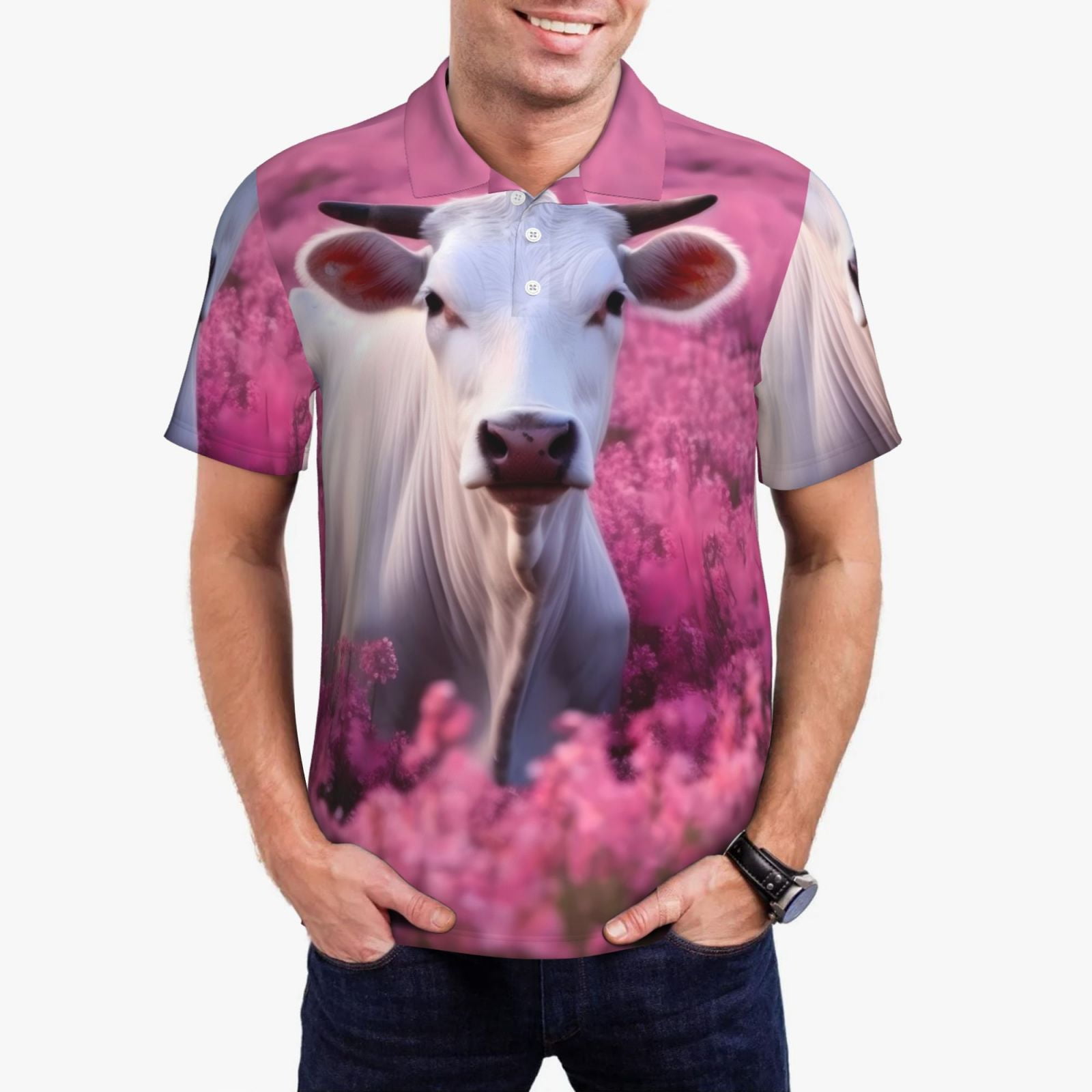 Susaid Flower Field Cow Print Men's Short Sleeve Polo Shirt, Golf ...